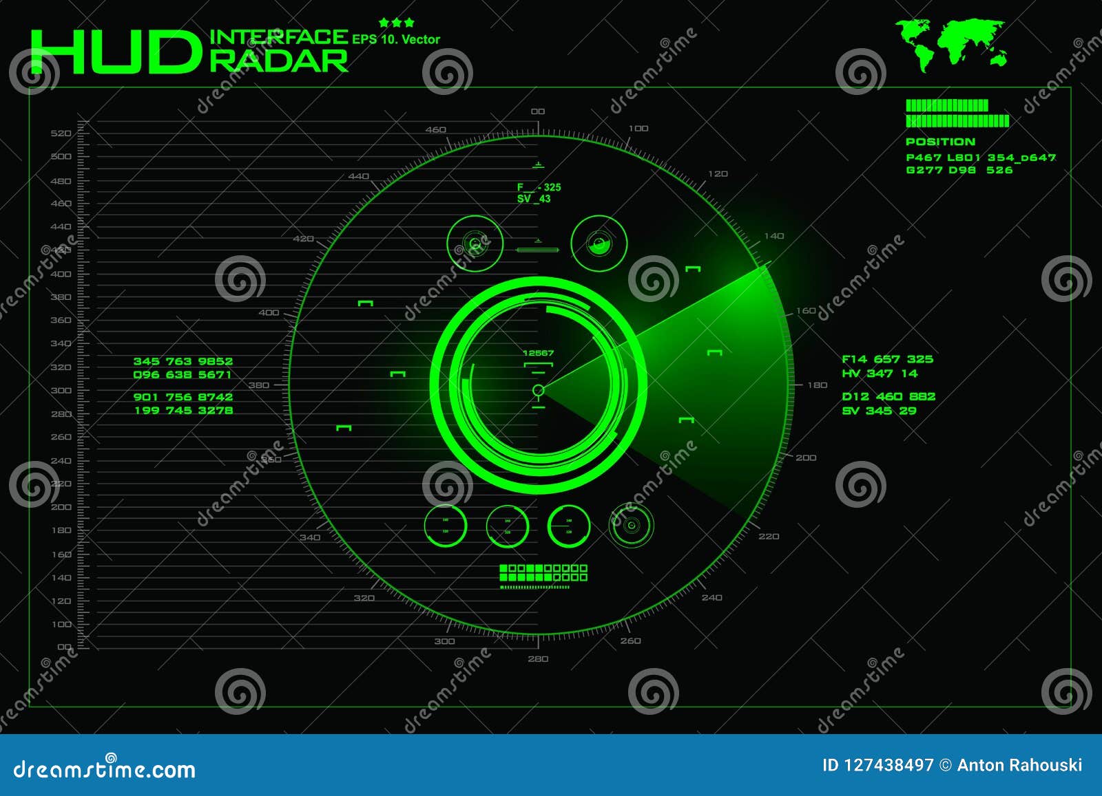 Green Radar Screen on Black Background, HUD Interface Stock Vector ...