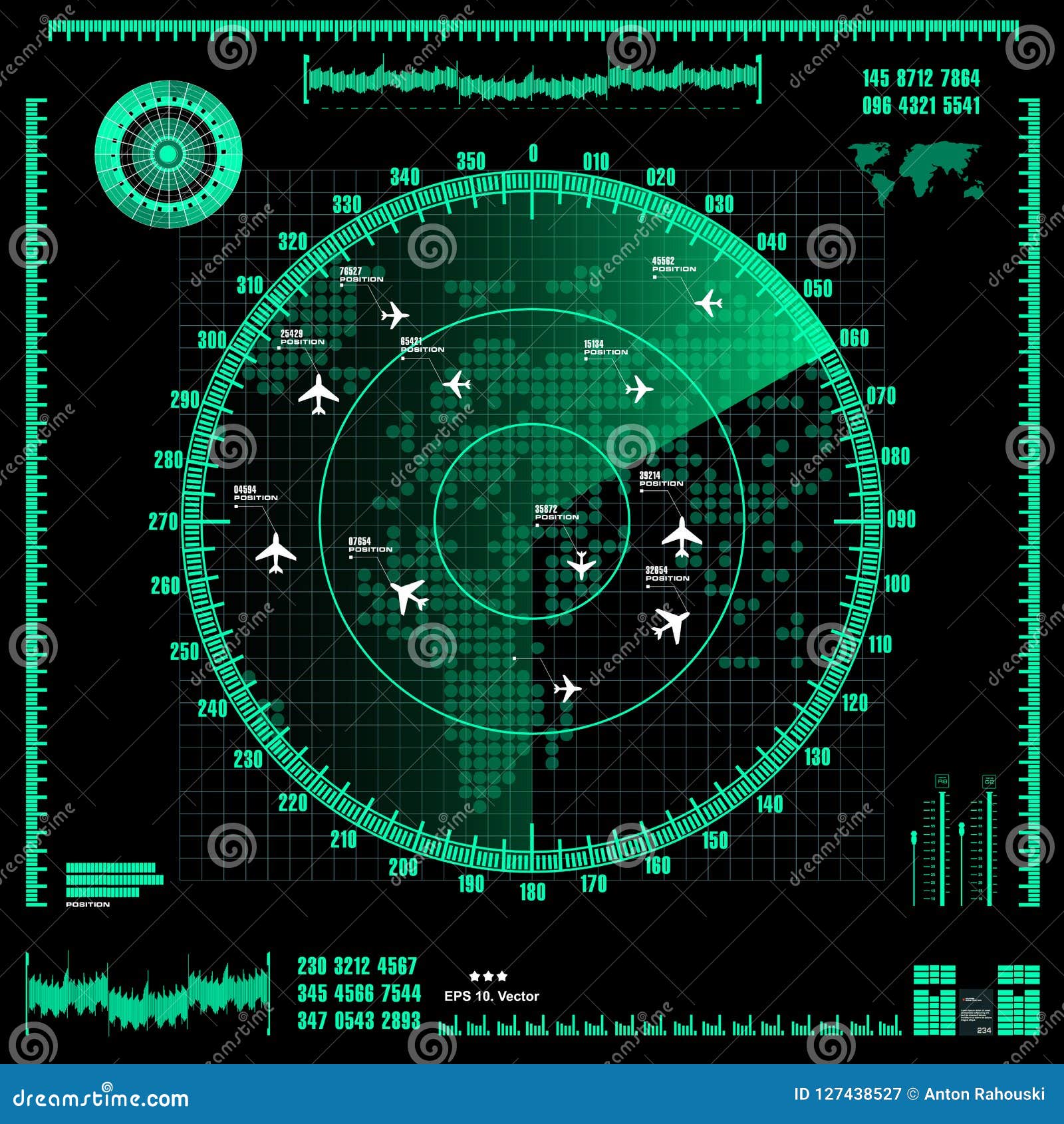 Green Radar Screen on Black Background, HUD Interface Stock Vector ...