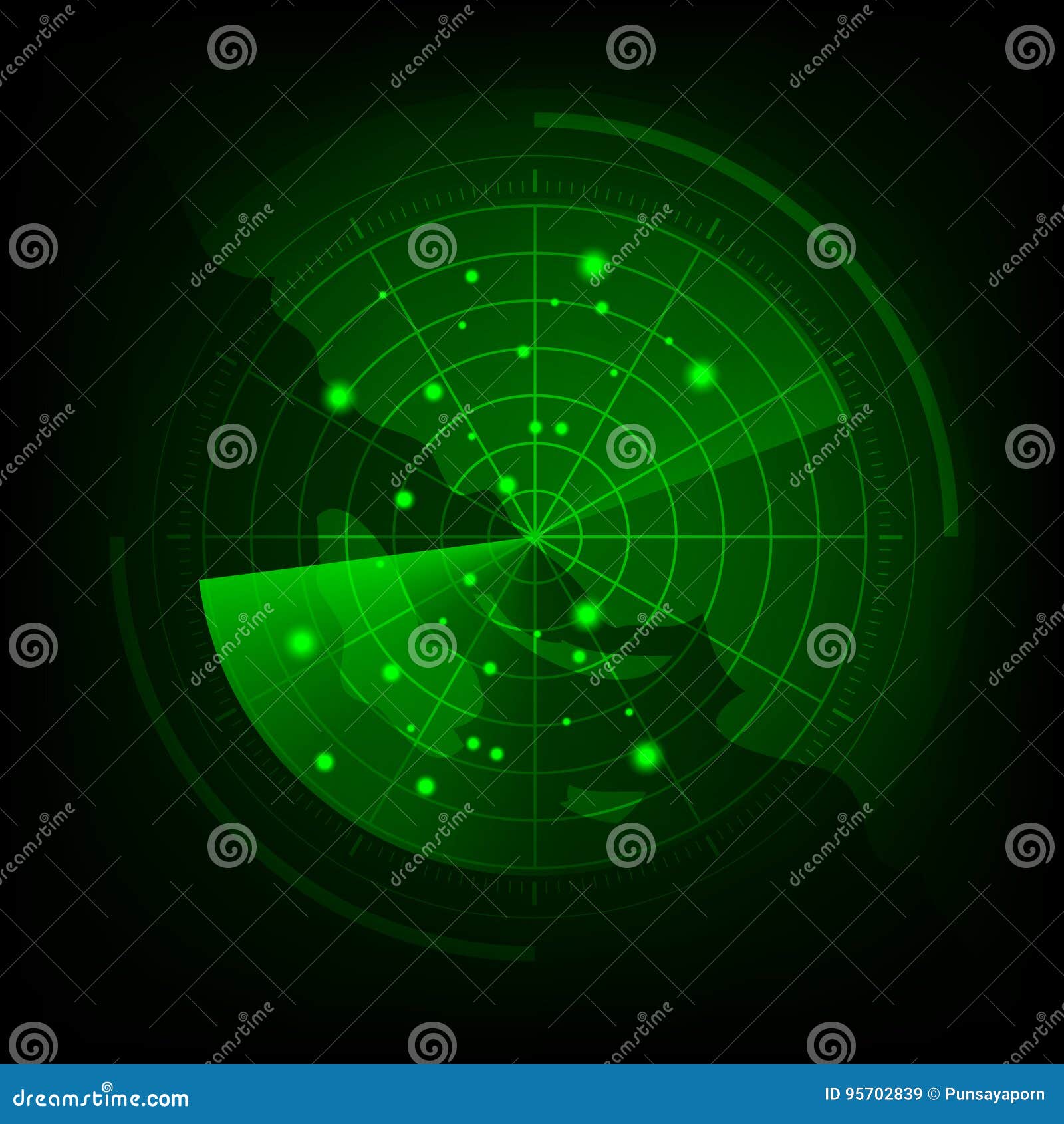 Green Radar Screen with Map Stock Vector - Illustration of graphic ...