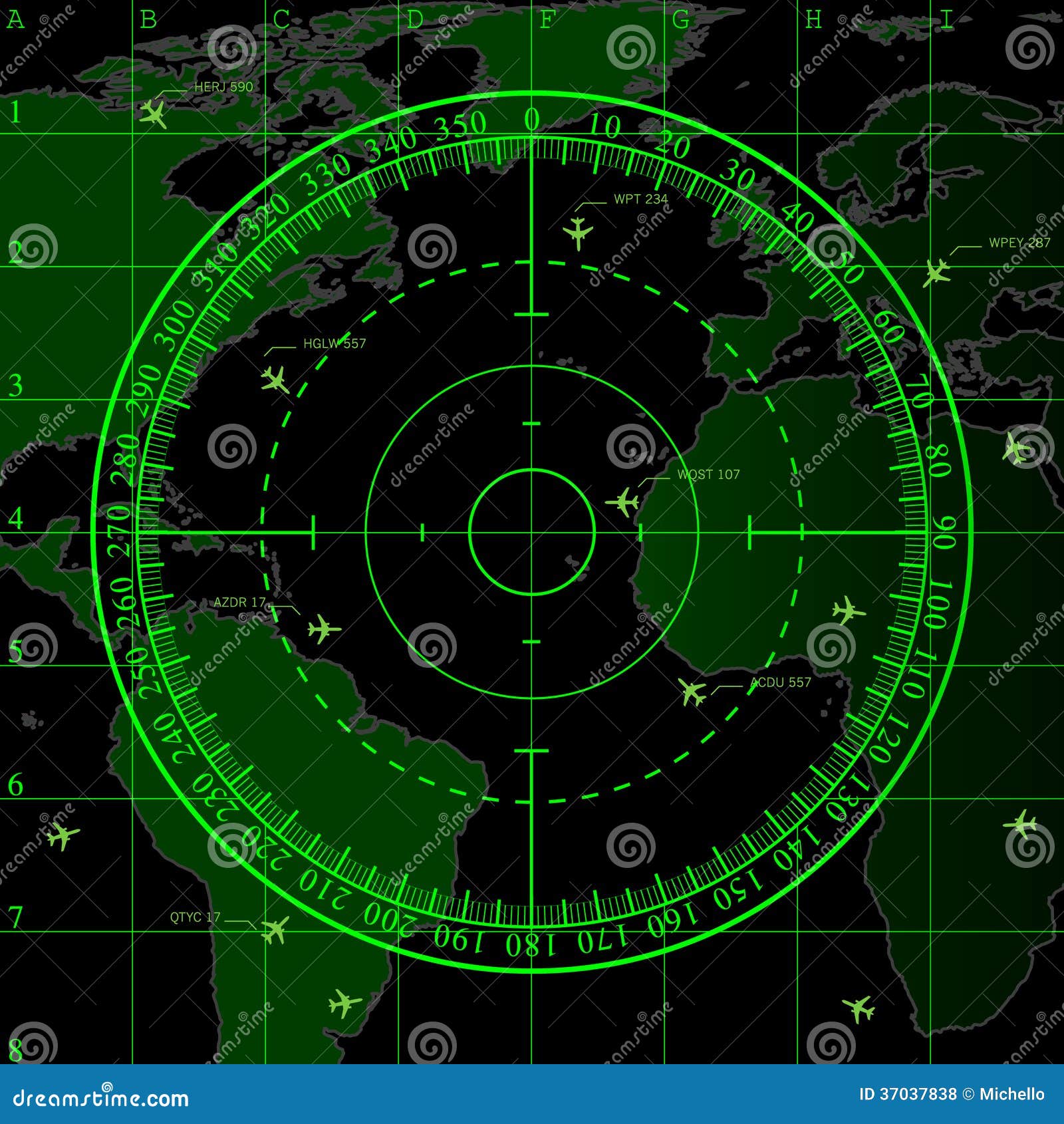 Green Radar Screen Over Map of the World Stock Vector - Illustration of ...