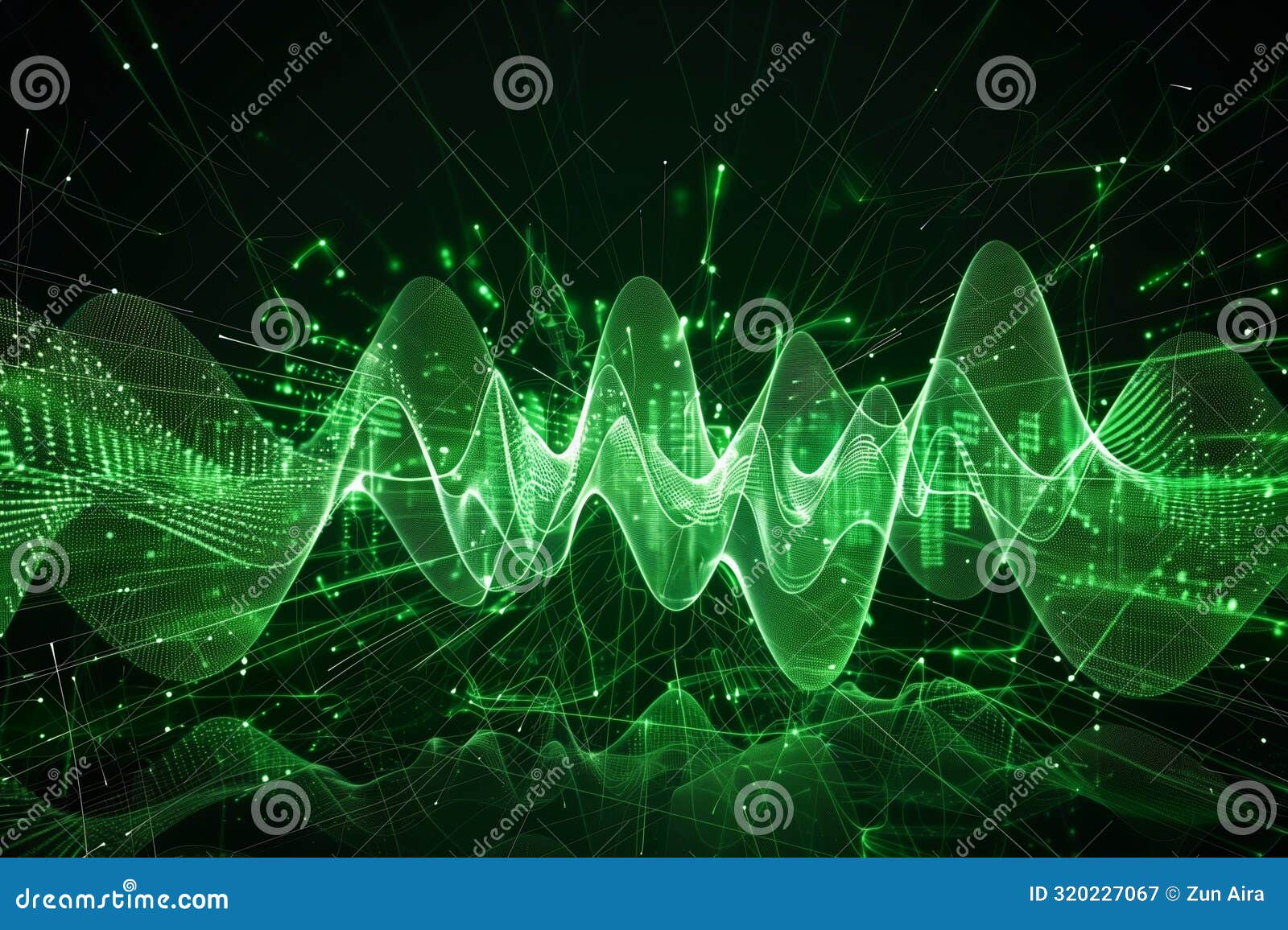 Green Radio Waves with Mixed Frequency on Black Background Stock ...