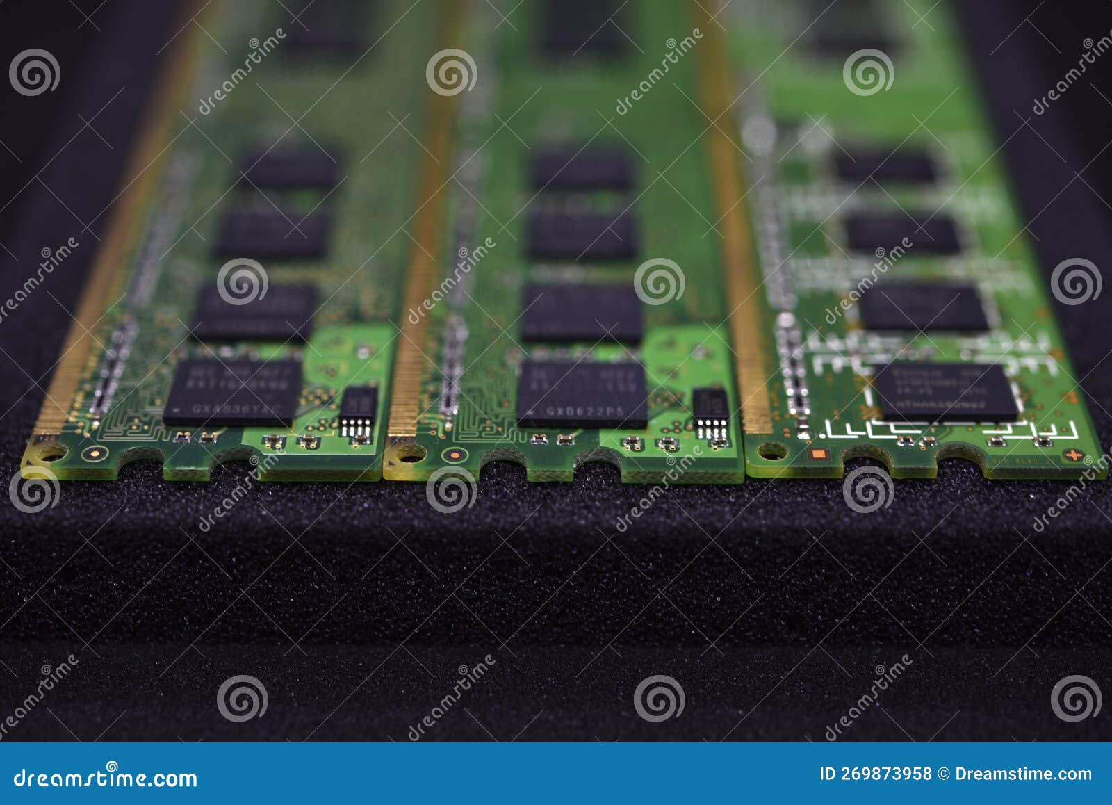 Green RAM Strips on Black Foam. Computer Chips Close-up Stock Photo ...
