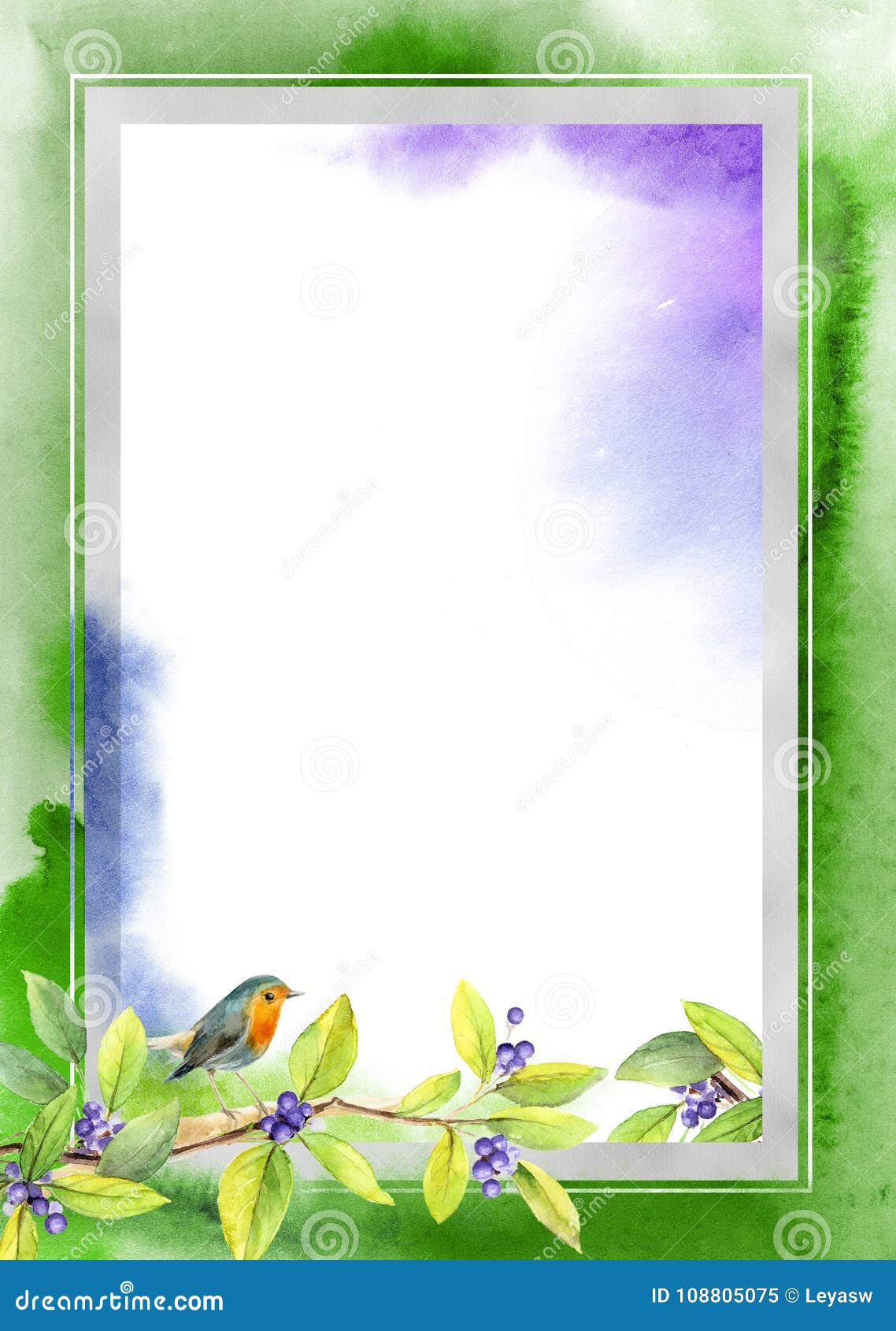 Green Rectangular Watercolor Frame with a Bird on a Branch. Texture ...