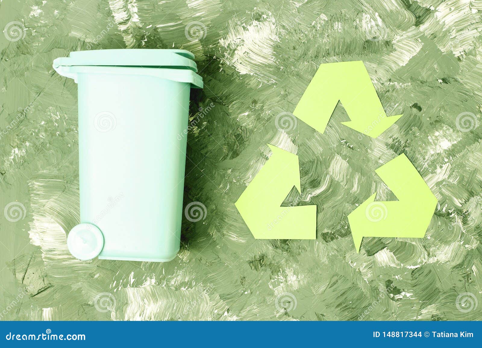 Green Recycle Garbage Symbol and Trash Can on a Gray Background, Top ...