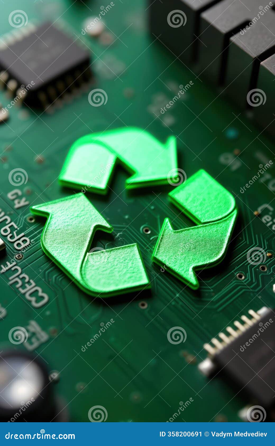 Green Recycle Symbol on Circuit Board. Eco-friendly Tech Concept. Sustainable Reuse of Tech ...