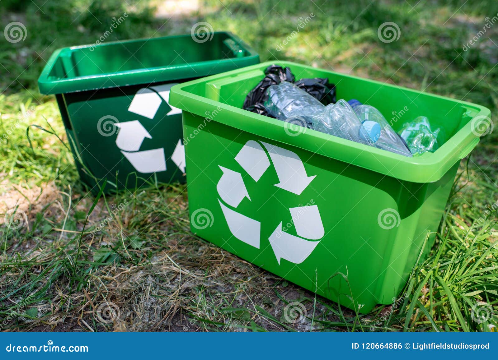 Green Recycling Boxes with Plastic Trash Standing Stock Photo - Image ...