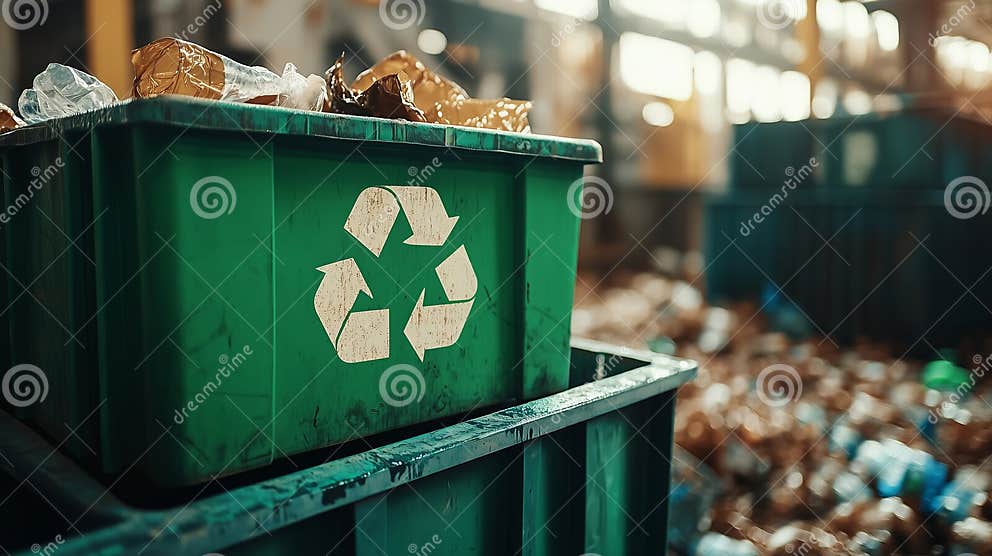 Green Recycling Container with Recycling Symbol on the Front. the ...