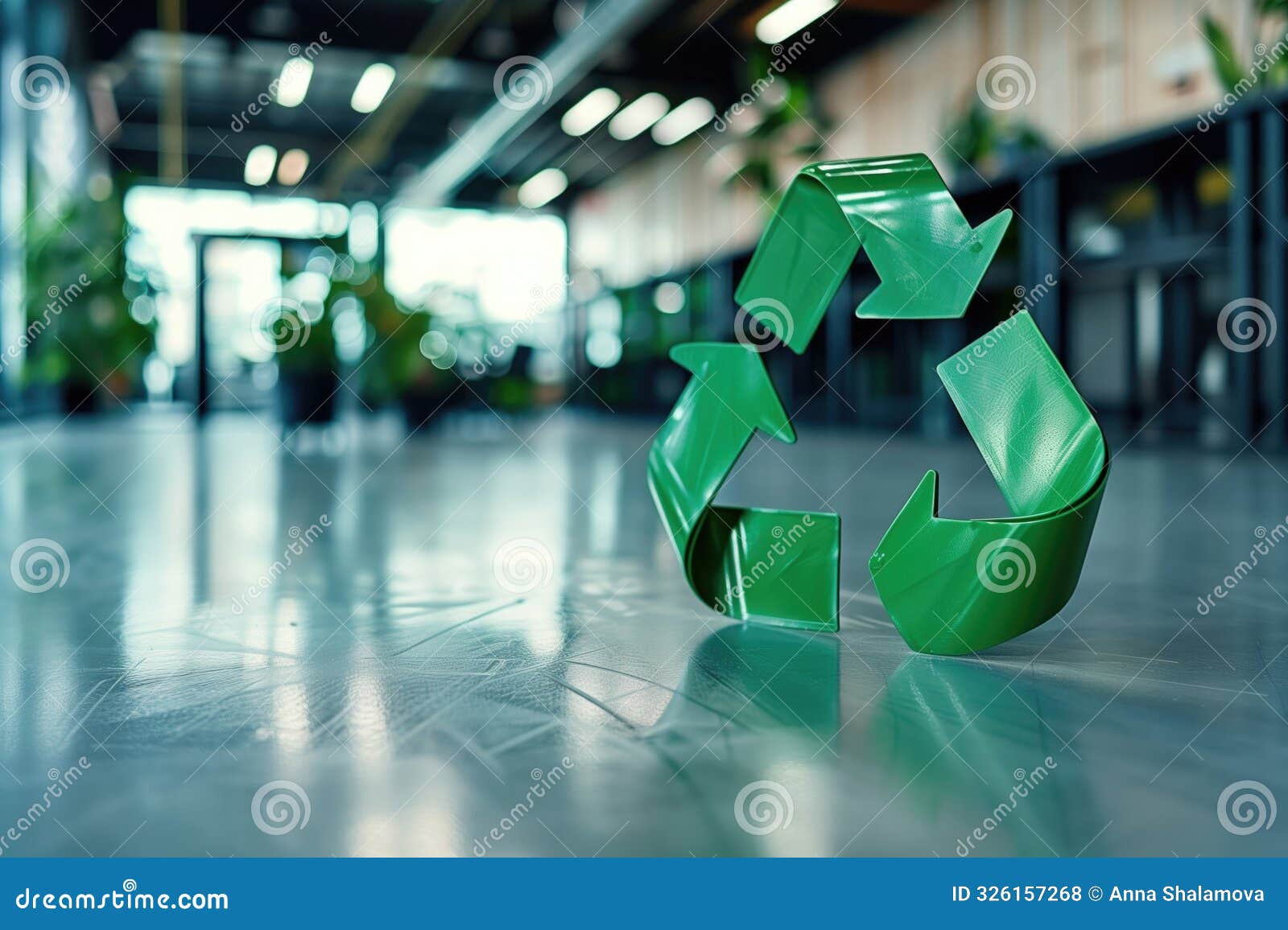 Green Recycling Symbol in a Modern Office with Plants and Bright ...