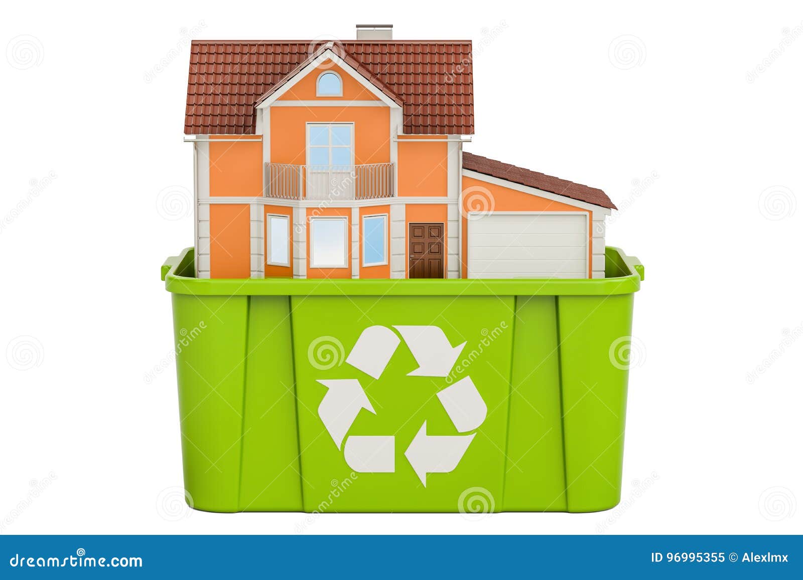 Green Recycling Trashcan with House, 3D Stock Illustration ...
