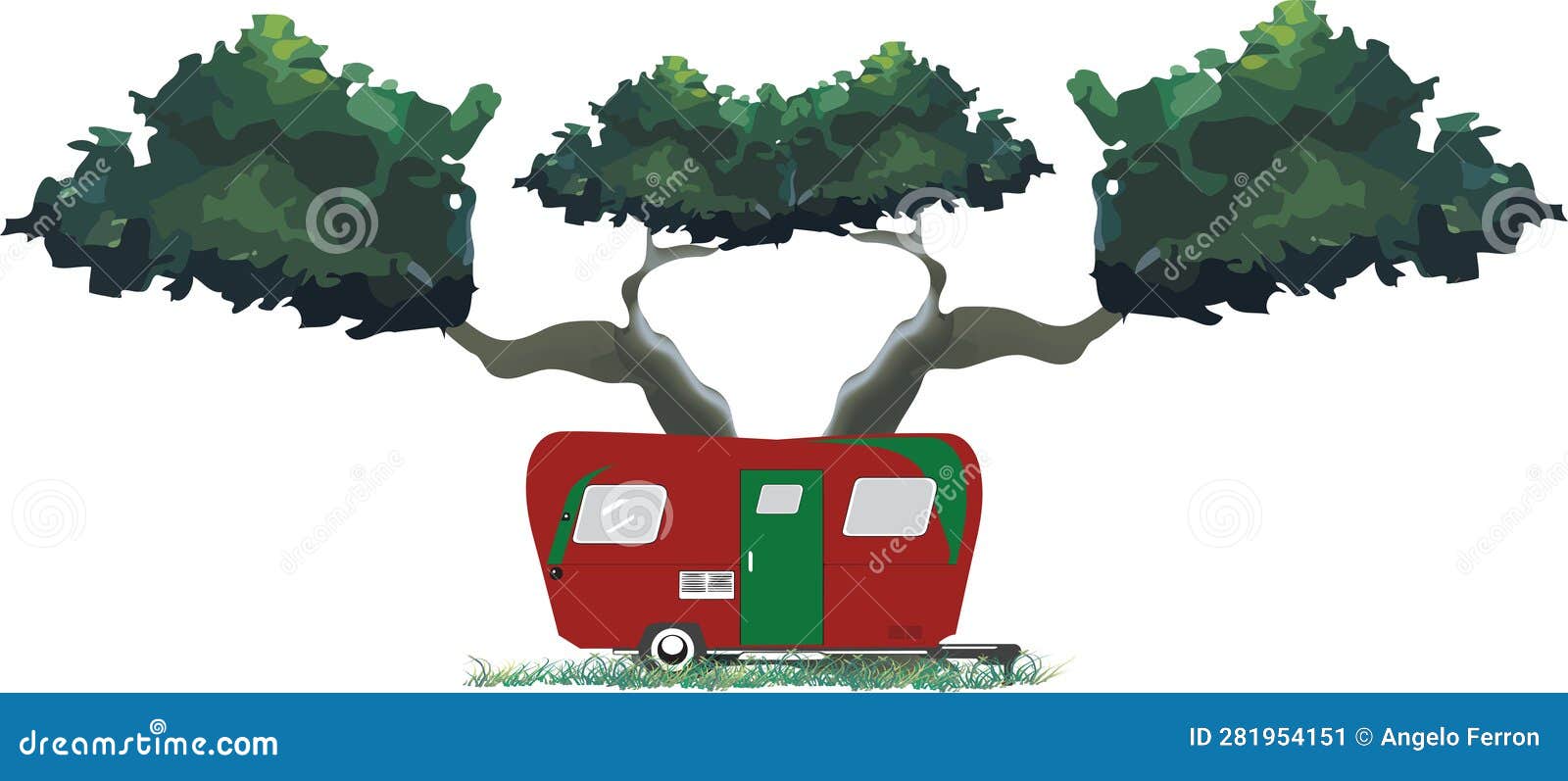 The Green and Red Trailer is Parked Under the Trees with a Tree on it ...