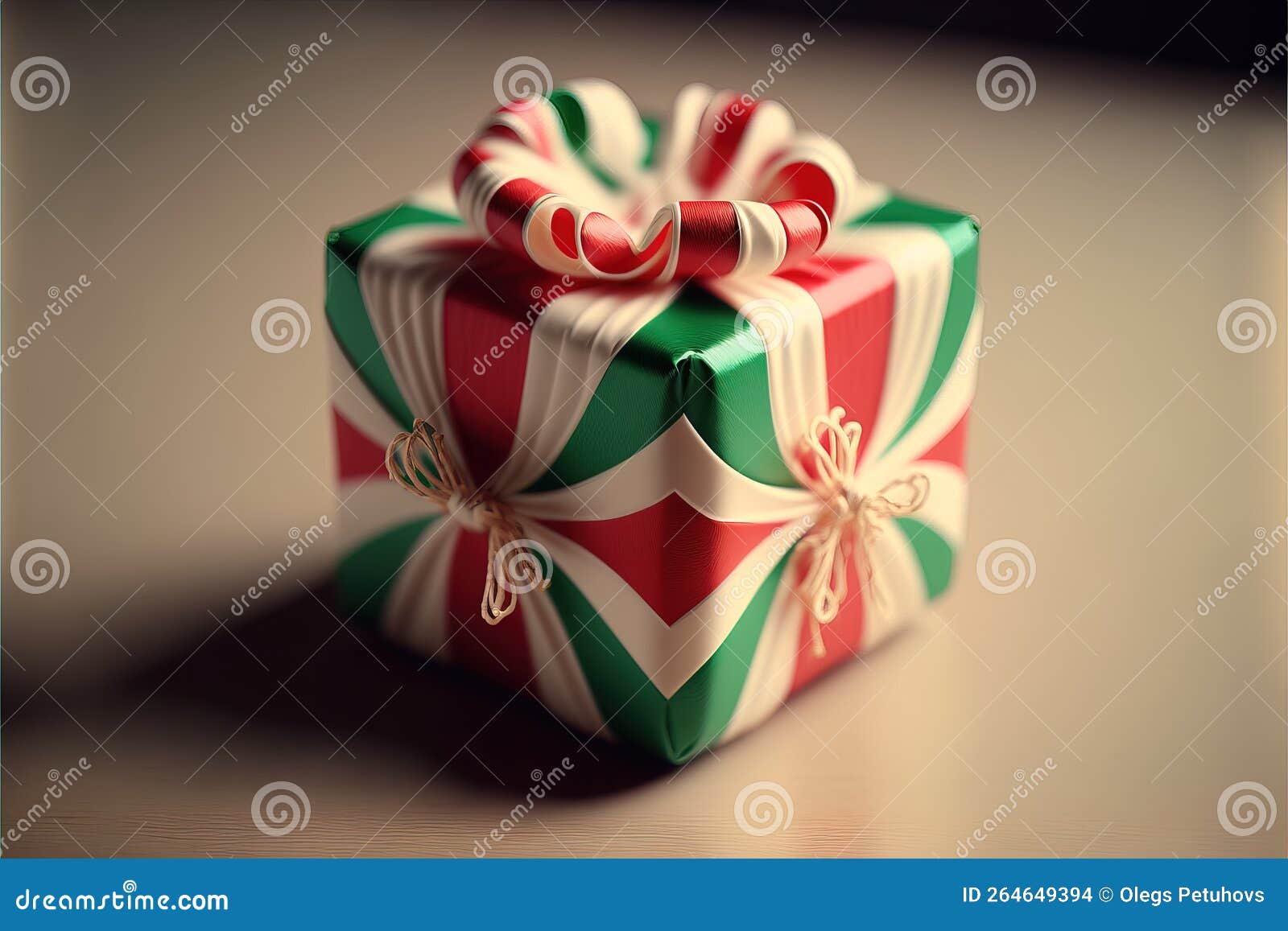 A Green and Red Wrapped Present Box with a Bow on it S Side on a Table ...