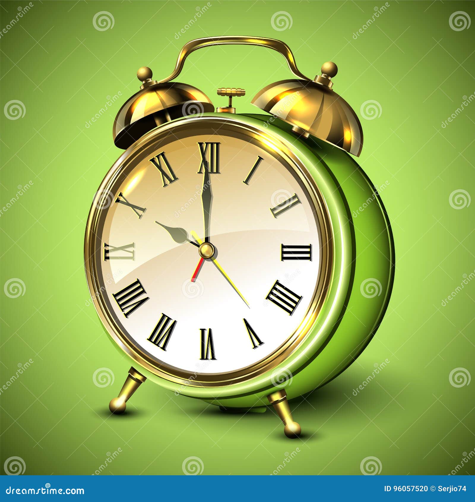 Green Retro Style Alarm Clock on Green Background. Stock Vector ...