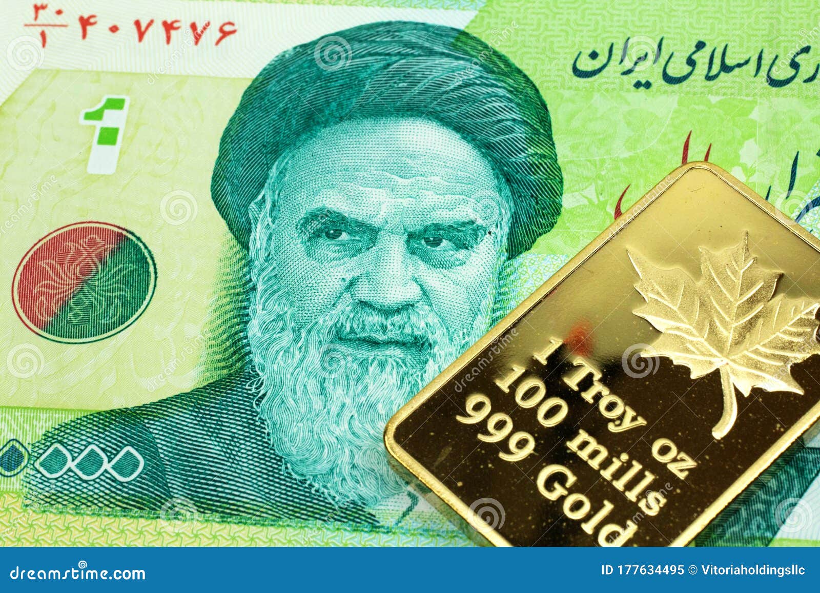 A Green 10000 Rial Note from Iran with a Gold Bar in Macro Stock Image ...