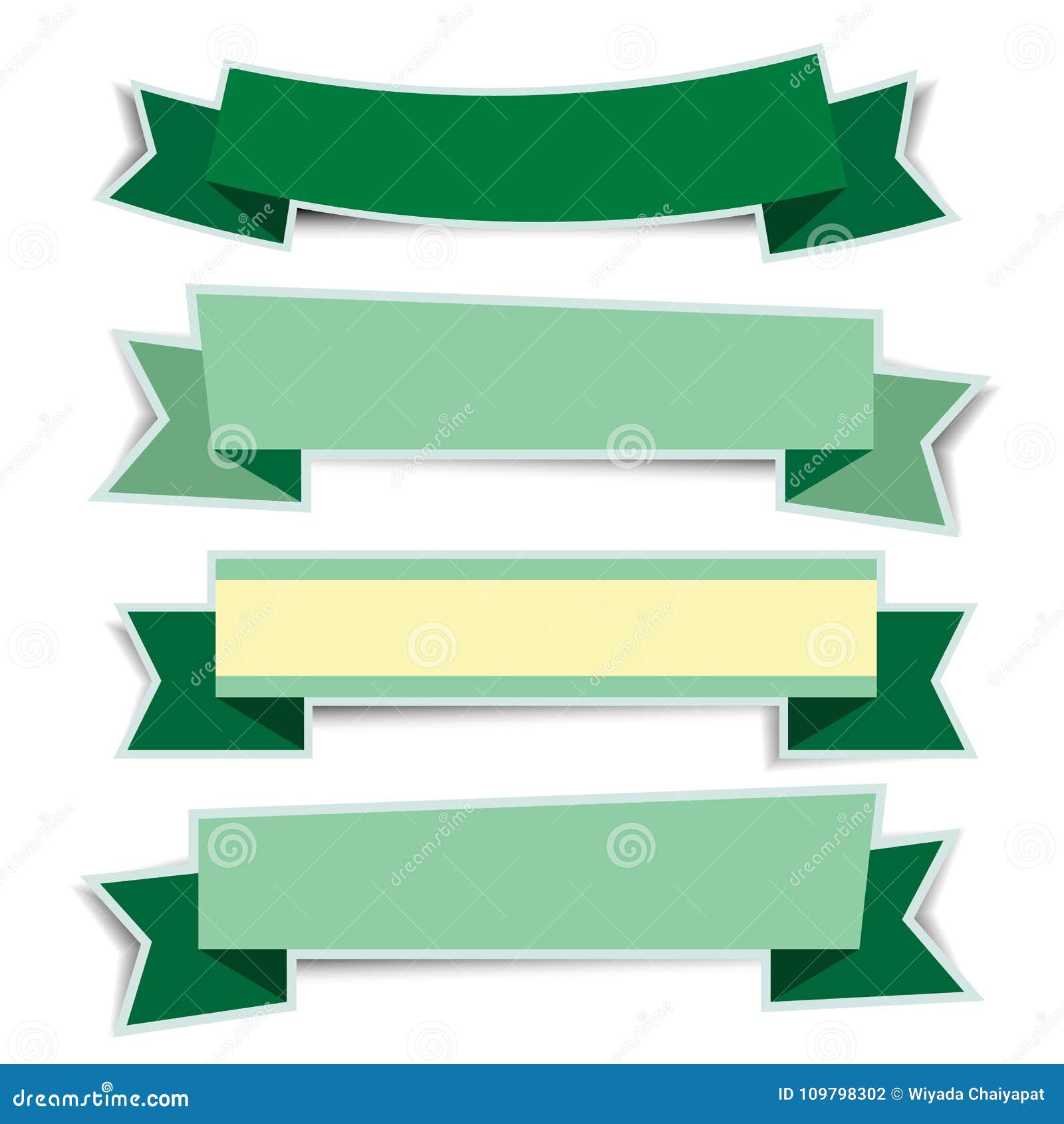 Green Ribbon Banners Sticker with Shadow on White Background Stock ...