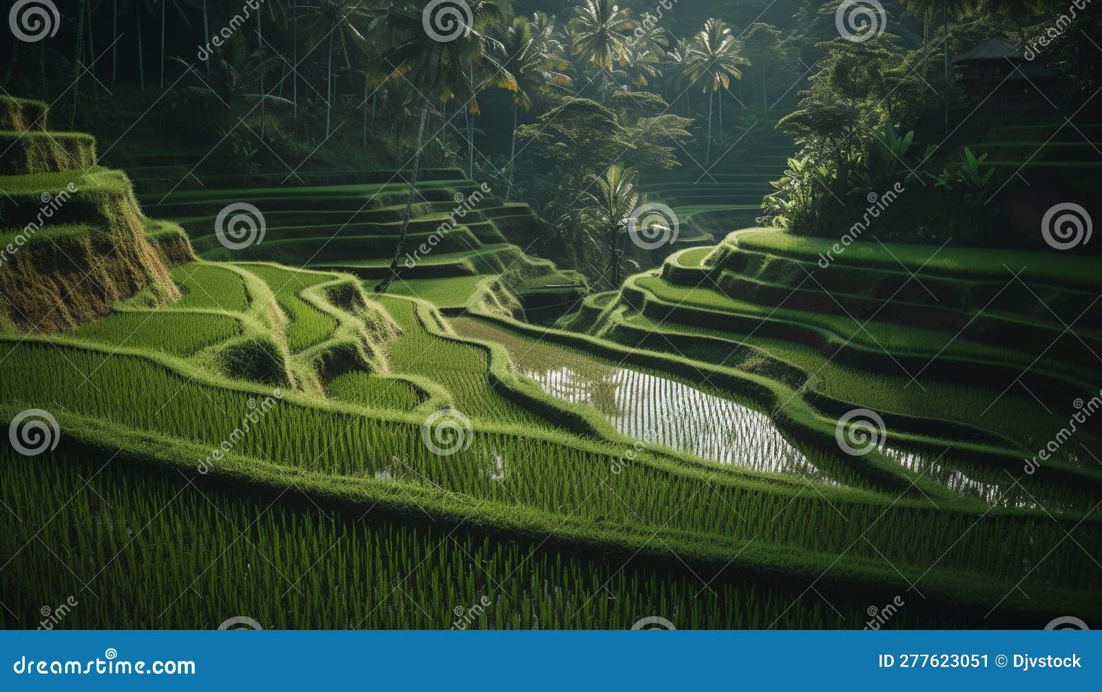Green Rice Fields Curve through Balinese Landscape Generated by AI ...