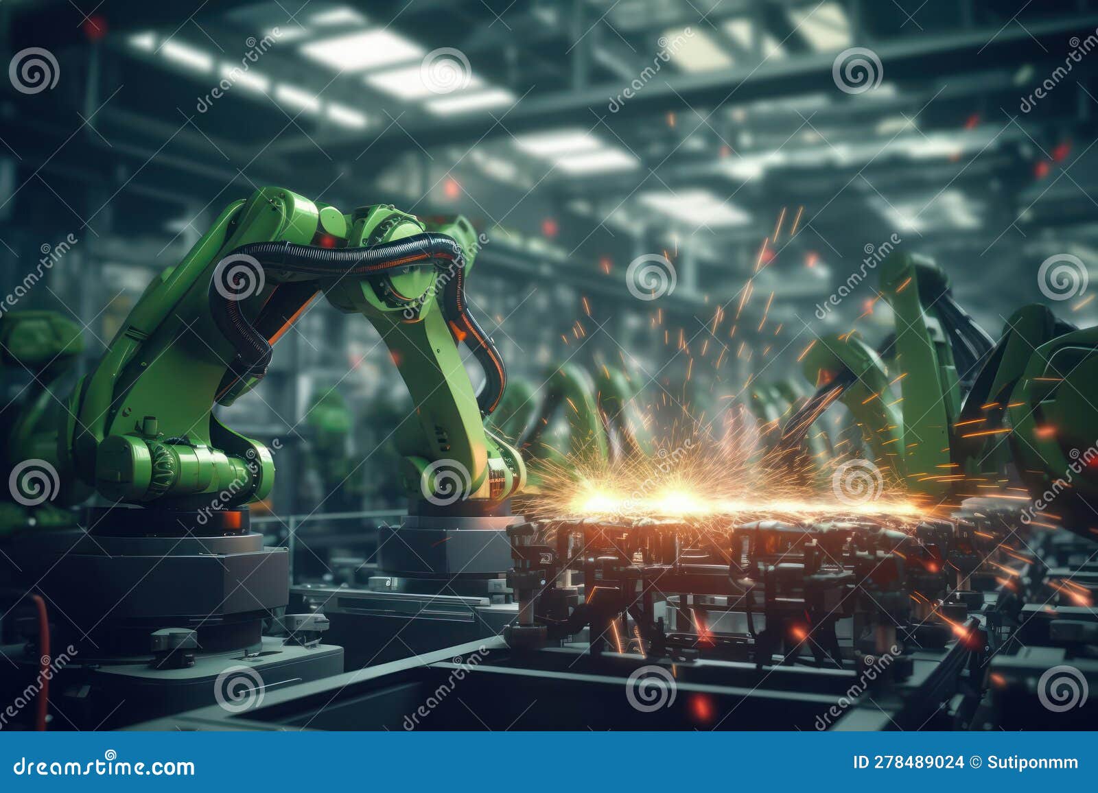 Green Robotic Arm Welder at Work in the Factory with Ai Generated Stock ...