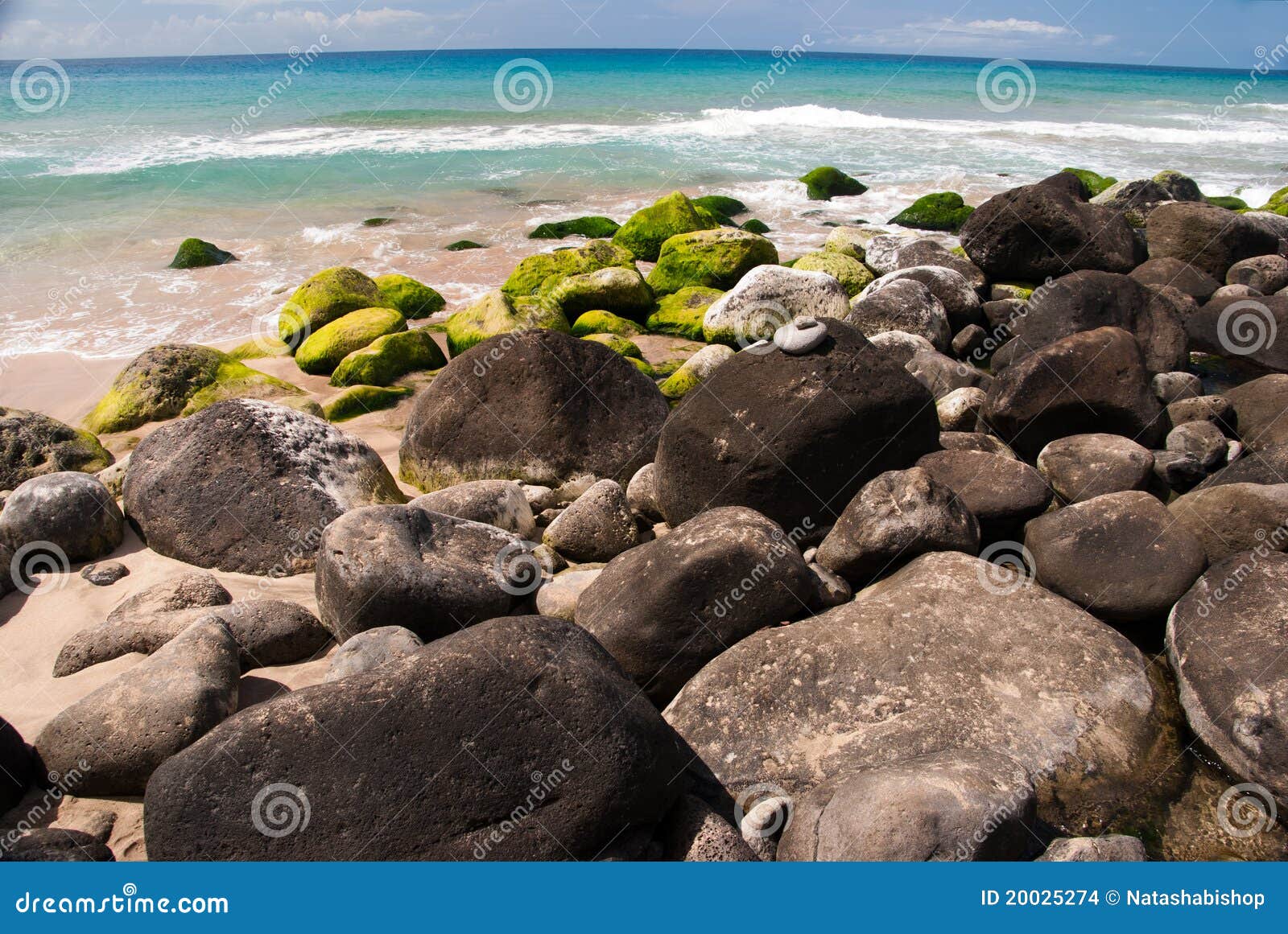 Green Rocks on a Tropical Beach Stock Photo - Image of hanakapiai ...
