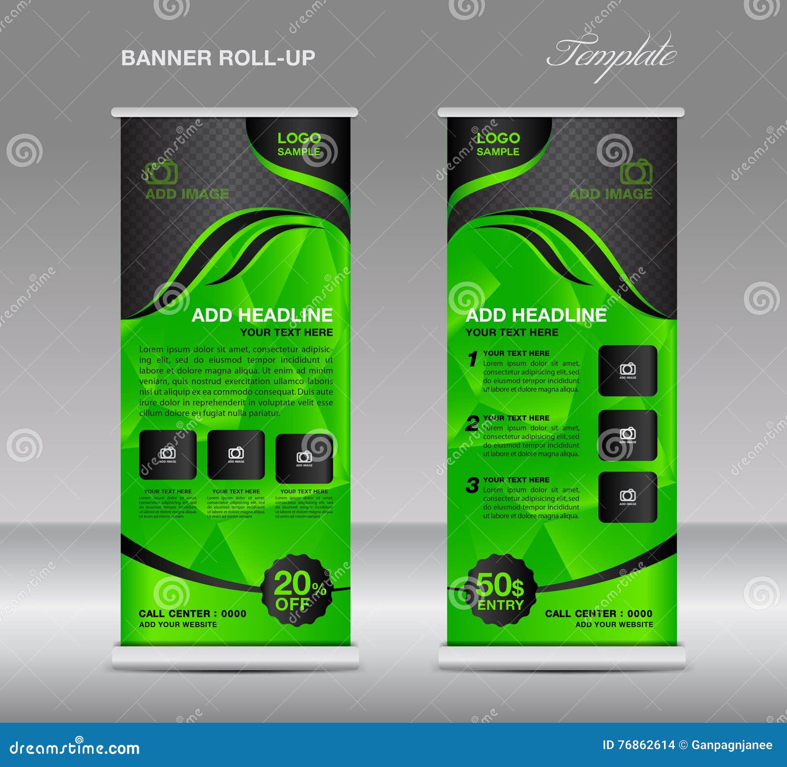 Green Roll Up Banner Template And Infographics, Stand Design Vector ...