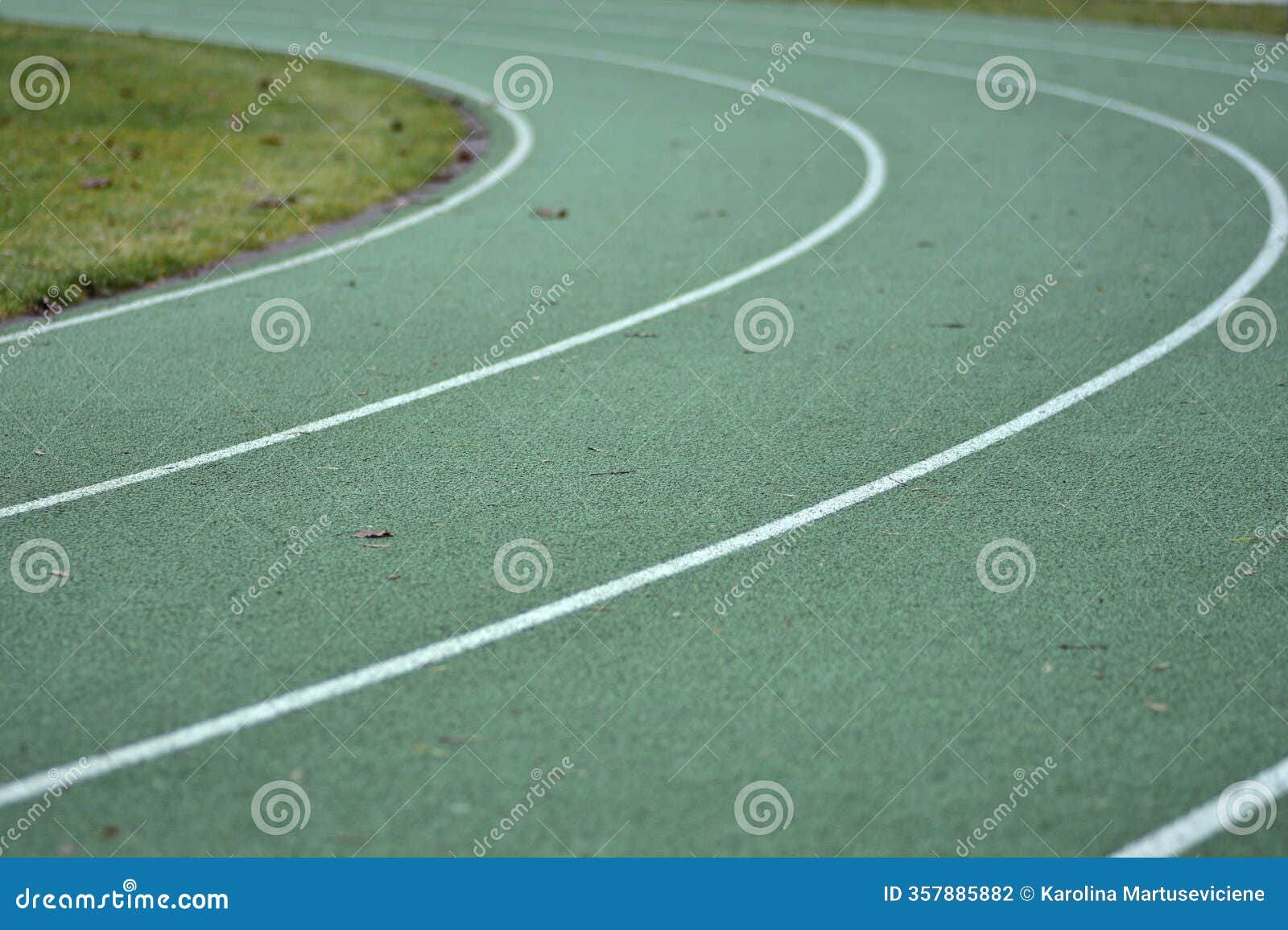 Green Running Track with White Lines and Green Grass in the Sides Stock ...