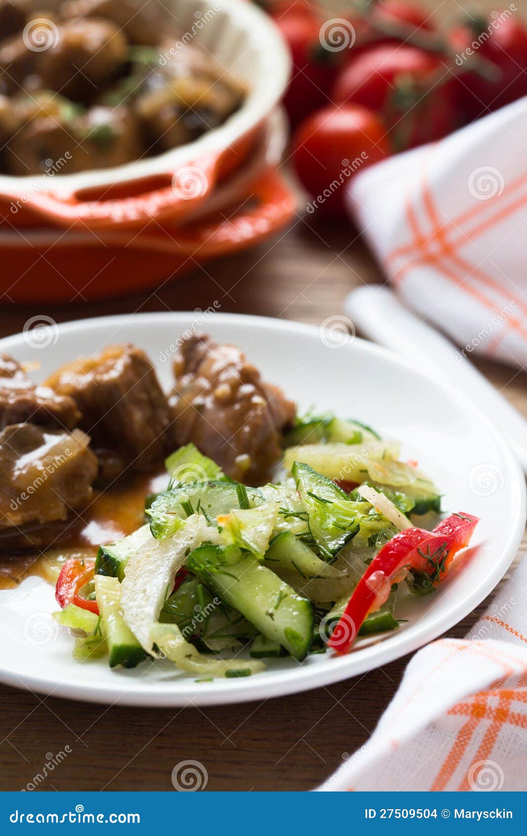 Green salad and beef stew stock photo. Image of meat - 27509504