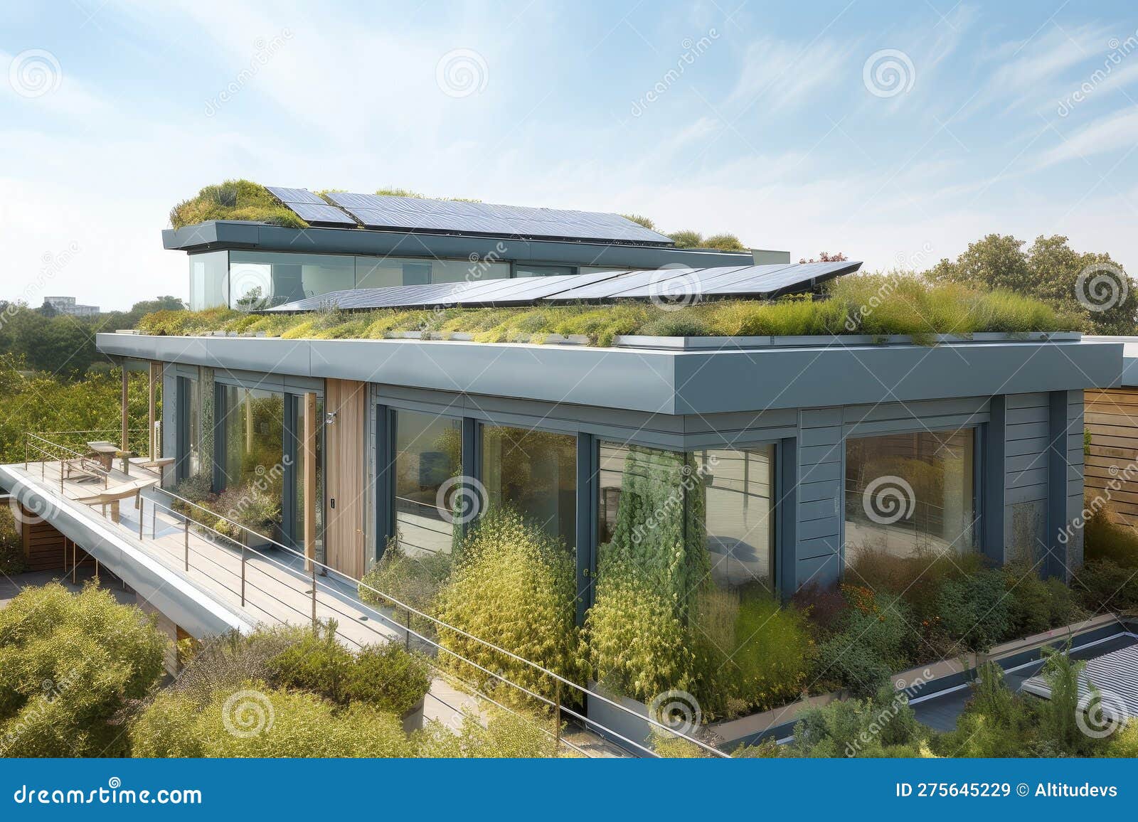 Green School Building with Rooftop Garden and Solar Panels Stock Image ...