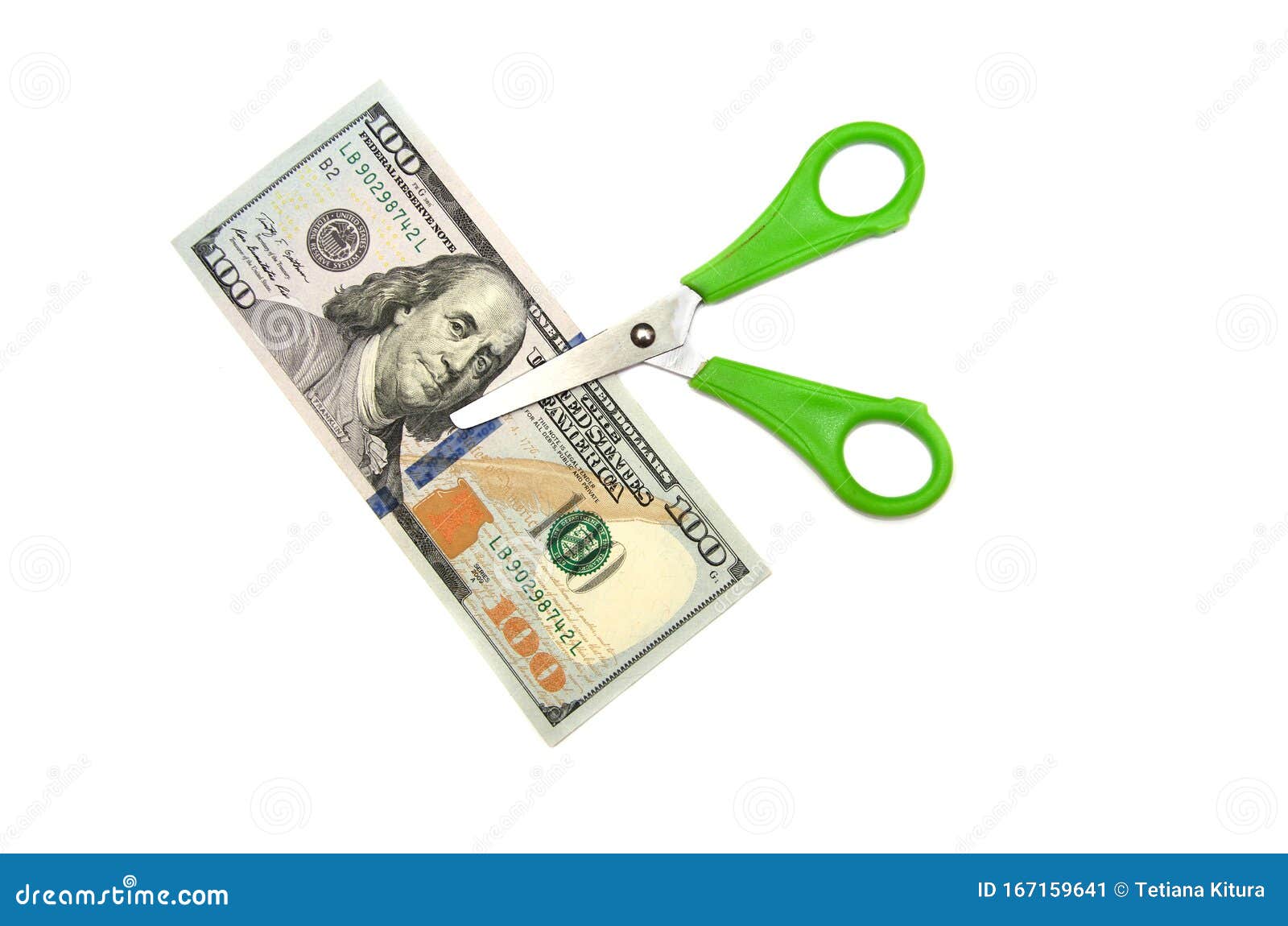 Green Scissors Cut Dollars on a White Background. Stock Image - Image ...