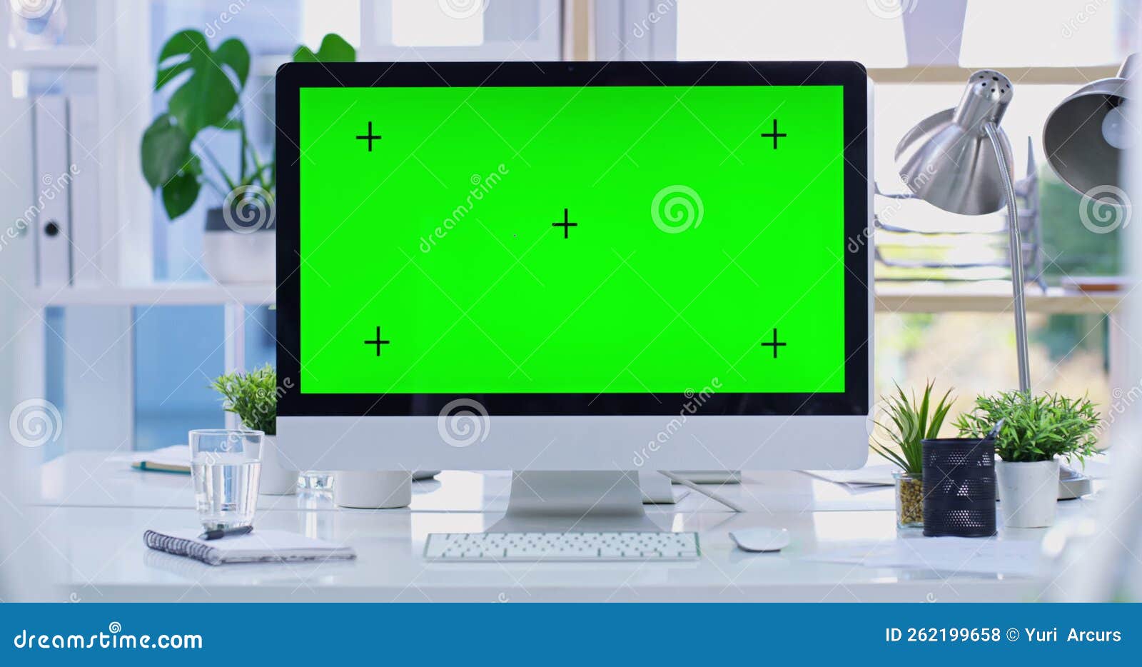 Green Screen, Computer and Mockup Desktop in Office for User Interface ...