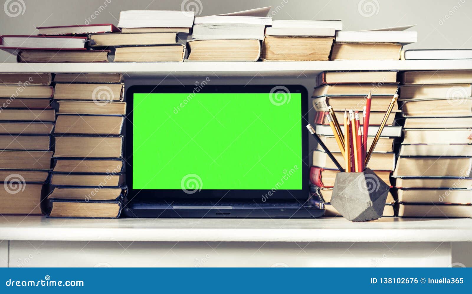 Green Screen Laptop, Stack Of Books, Notebooks And Pencils On White ...
