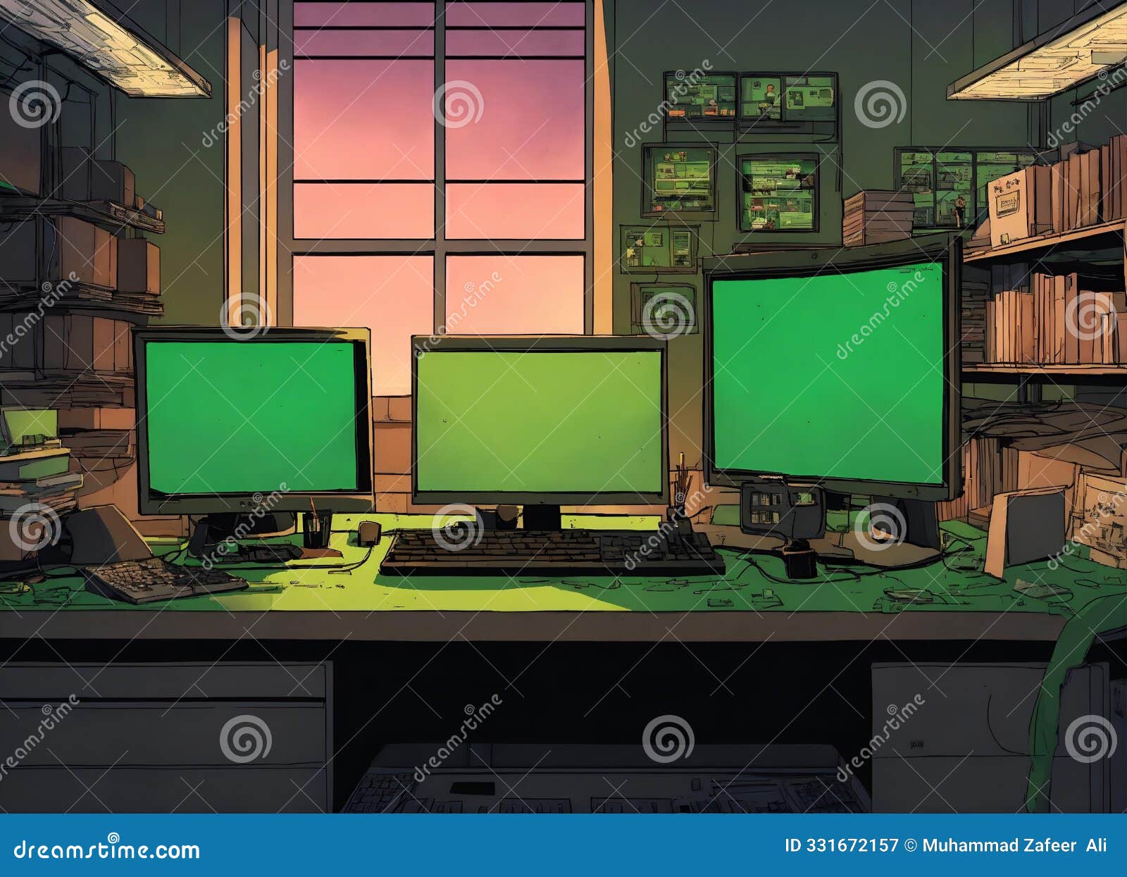 Green Screen Old Computer and Books on a Shelf Stock Illustration ...