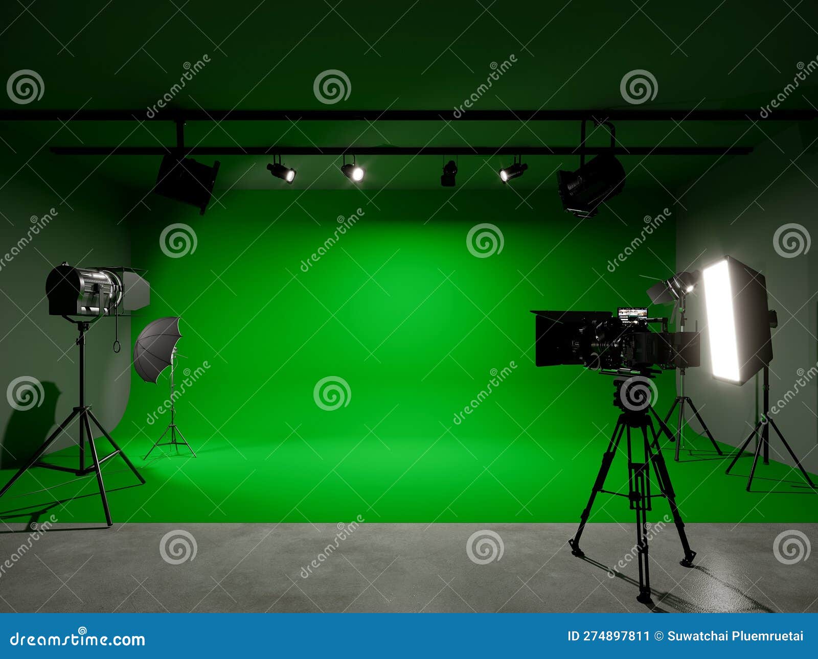 Green Screen Photo Studio with Lighting and Movie Camera. 3D Stock ...