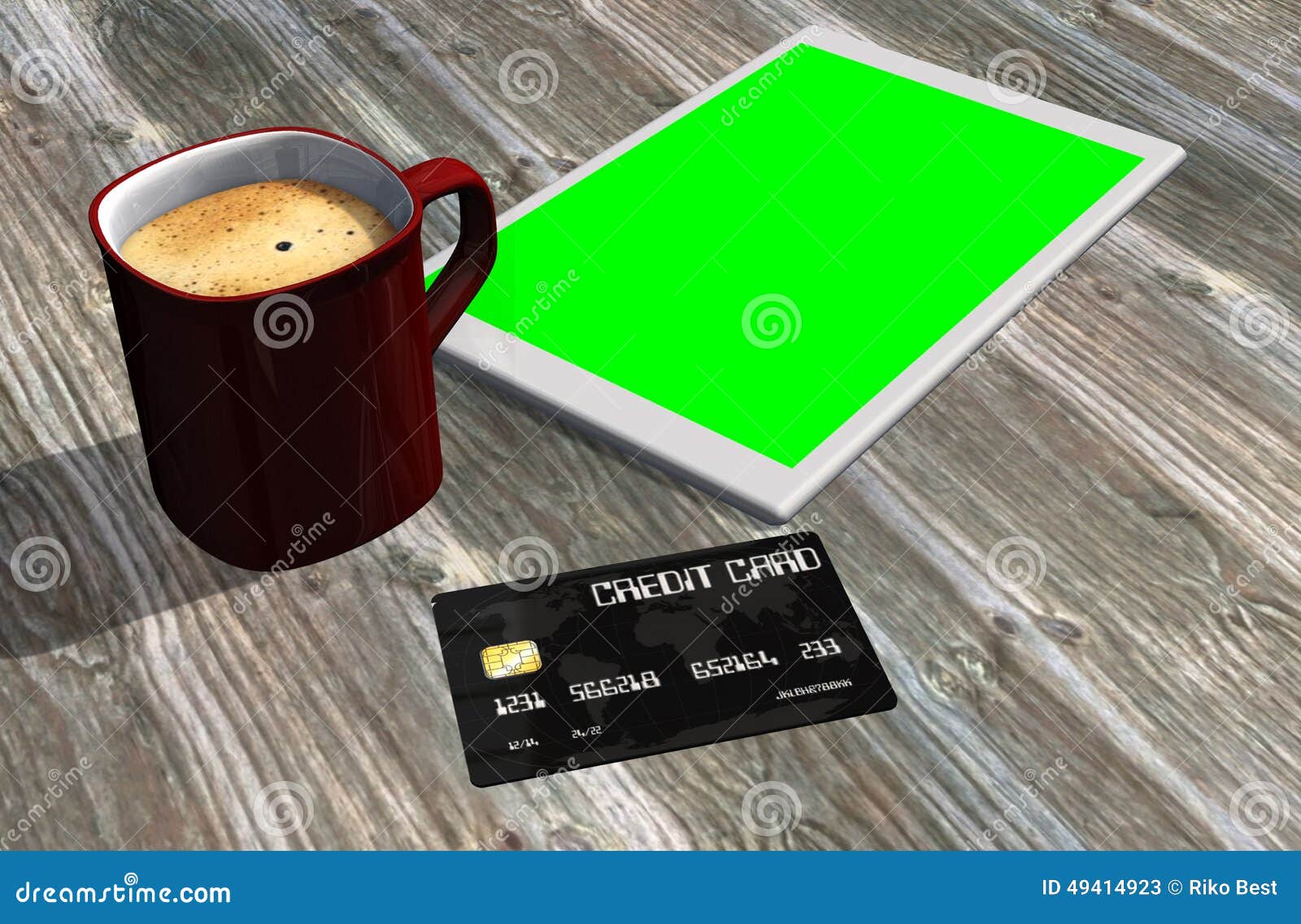 Green Screen Tablet PC Credit Card and Cup of Coffee Stock Illustration ...