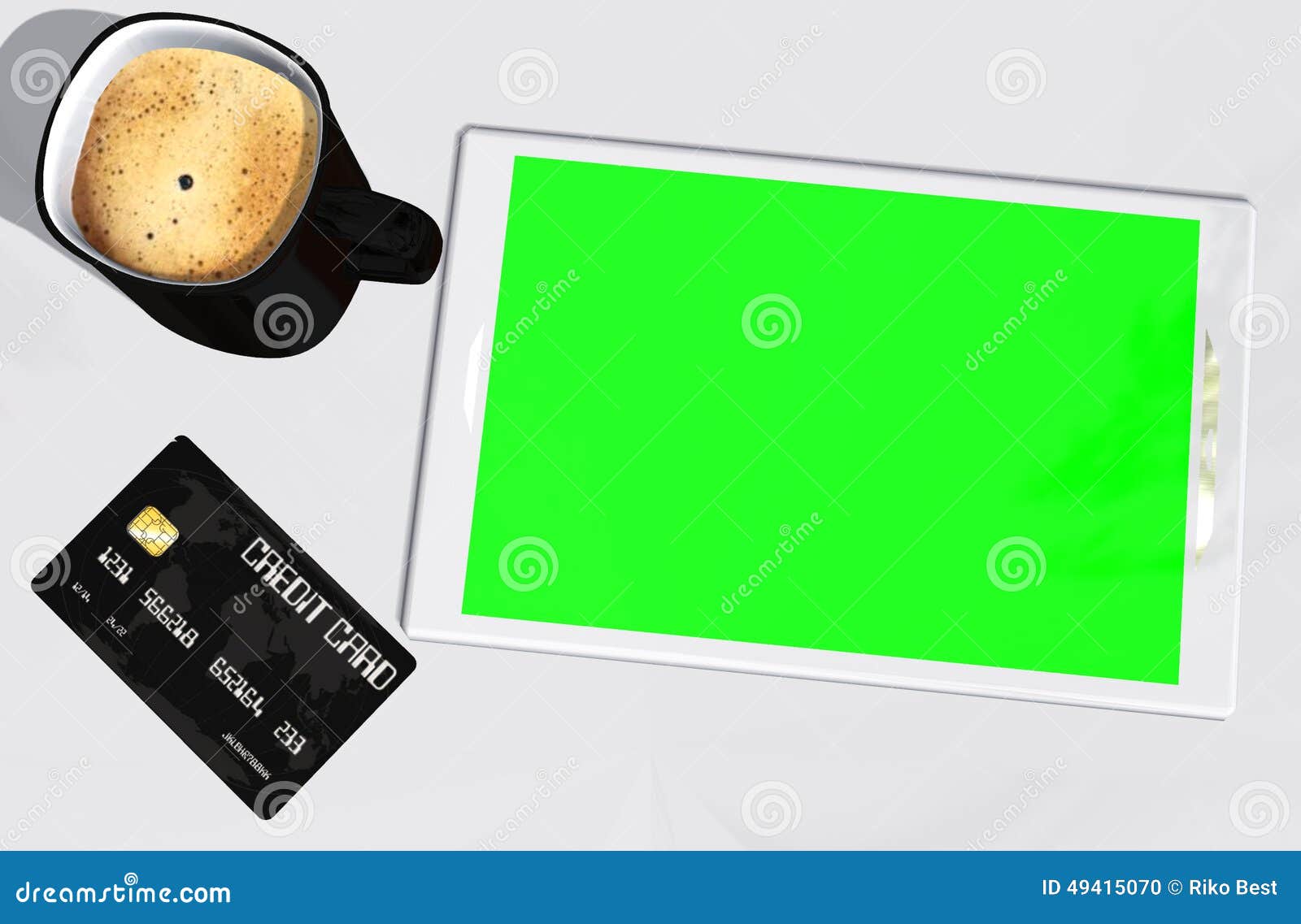 Green Screen Tablet PC Credit Card and Cup of Coffee Stock Illustration ...