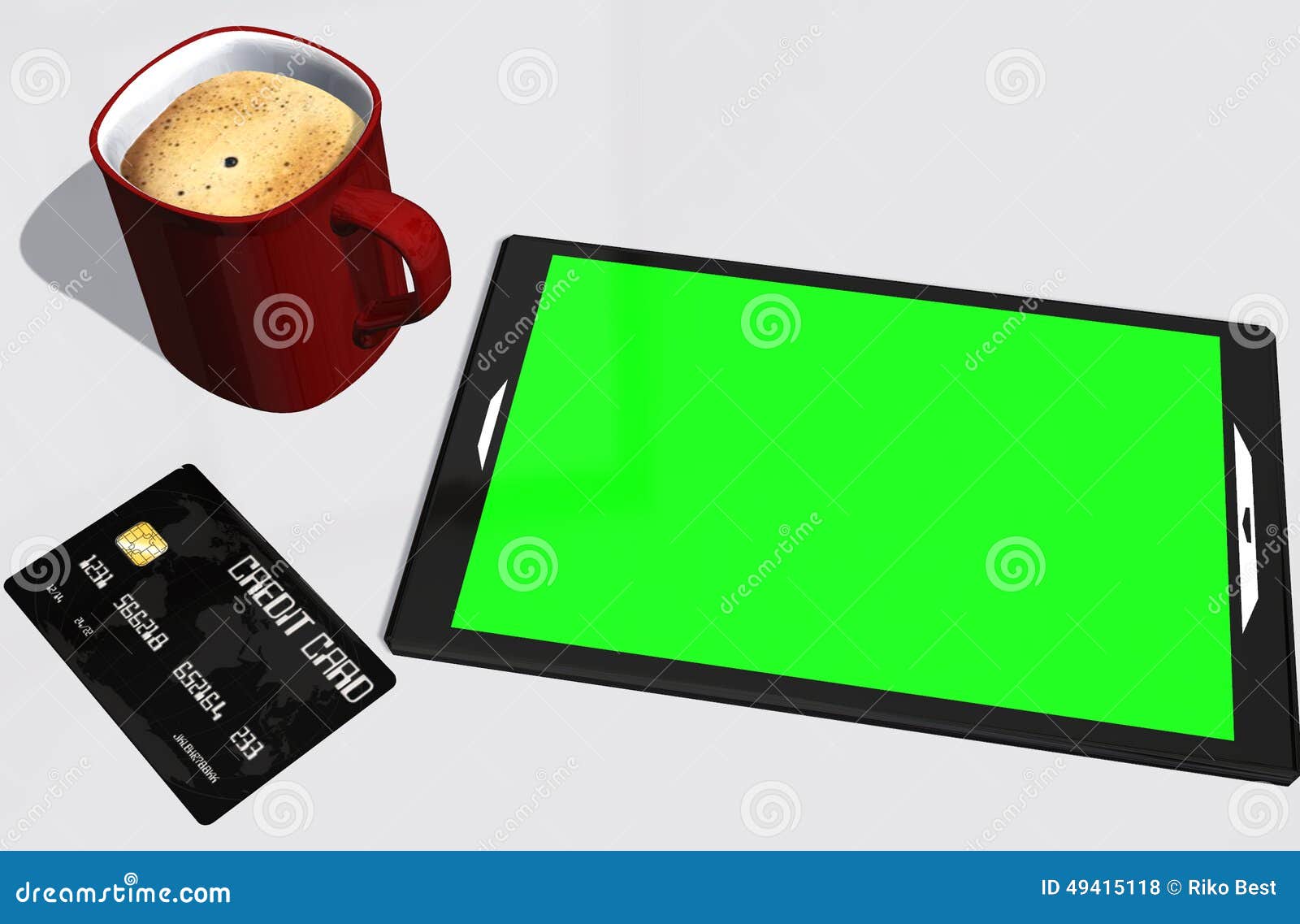 Green Screen Tablet PC Credit Card and Cup of Coffee Stock Illustration ...