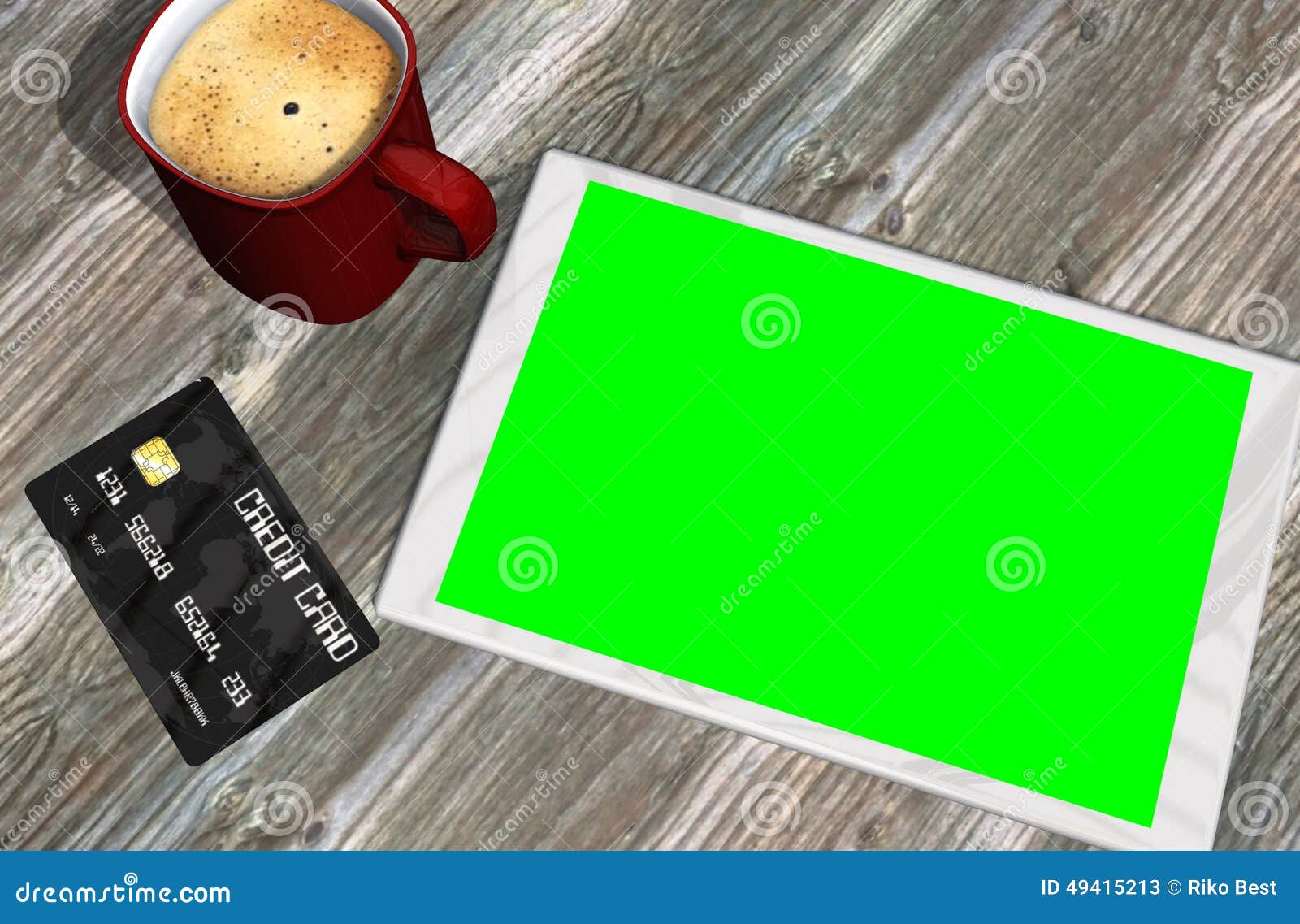 Green Screen Tablet PC Credit Card and Cup of Coffee Stock Illustration ...