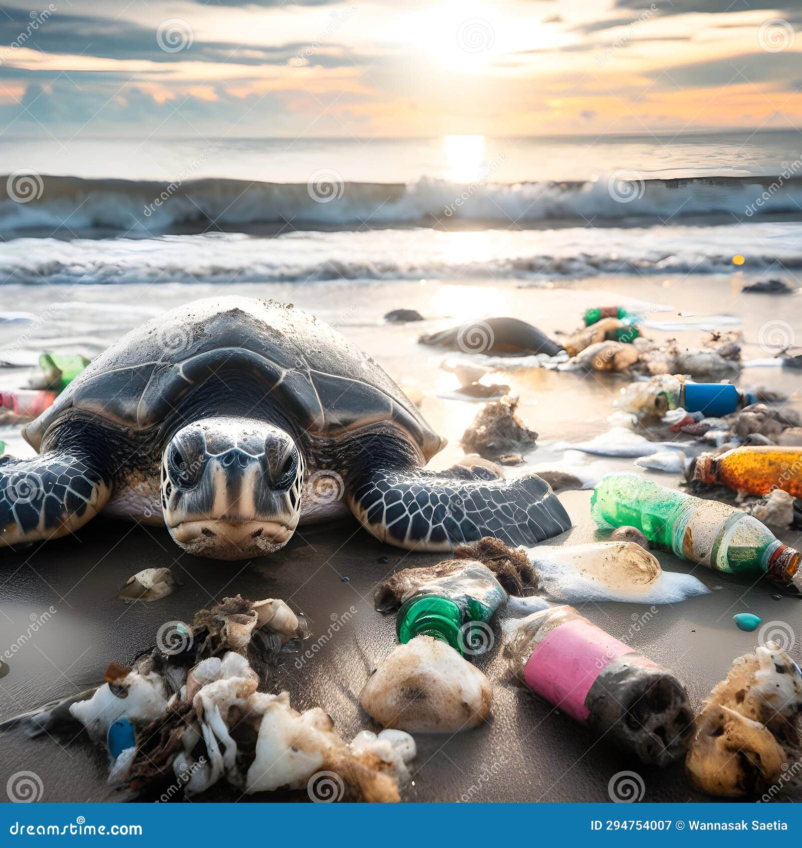 Green Sea Turtle with Garbage on the Beach. Stock Illustration ...