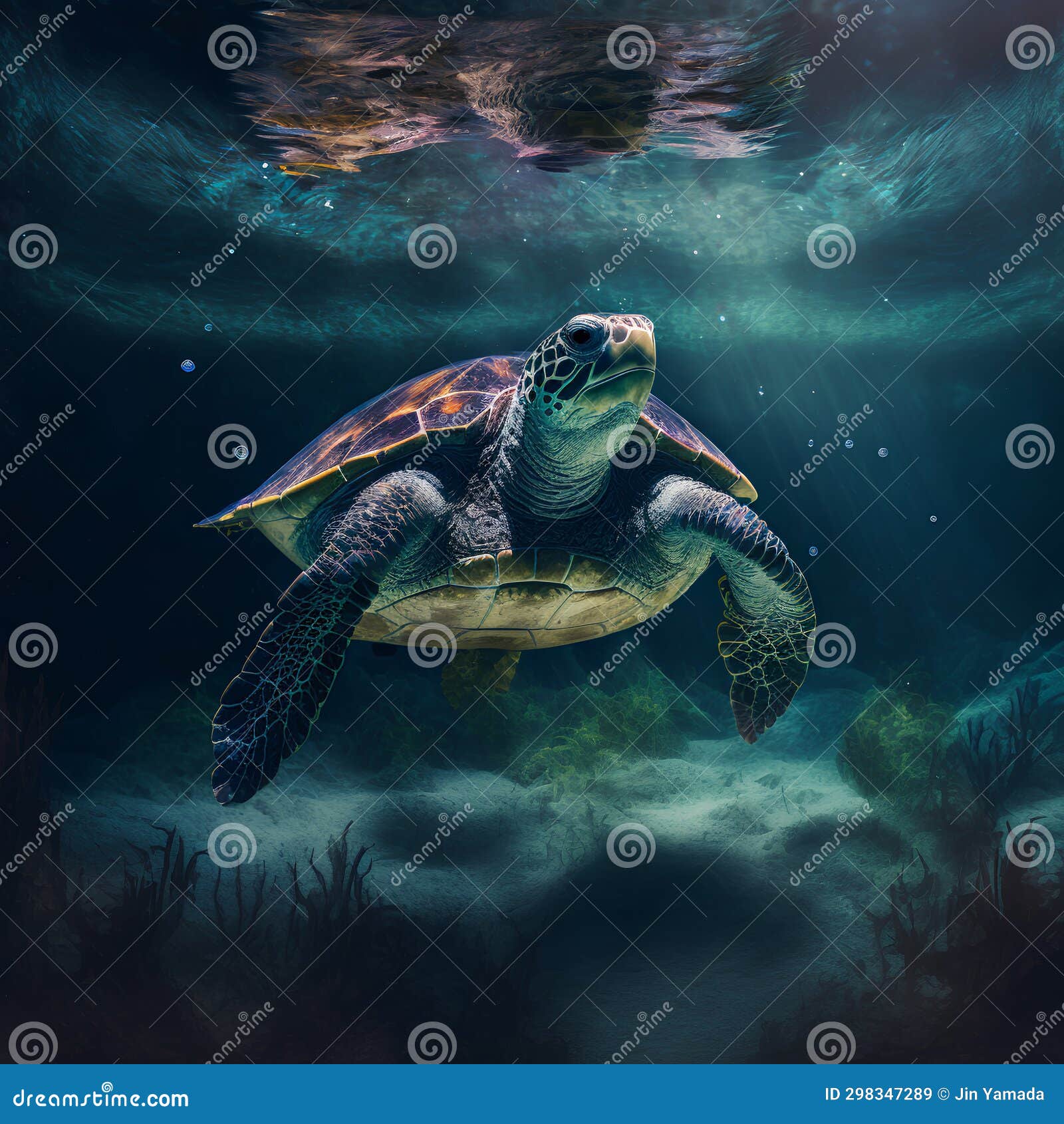 Green Sea Turtle Swimming In The Ocean 3d Render Illustration Stock