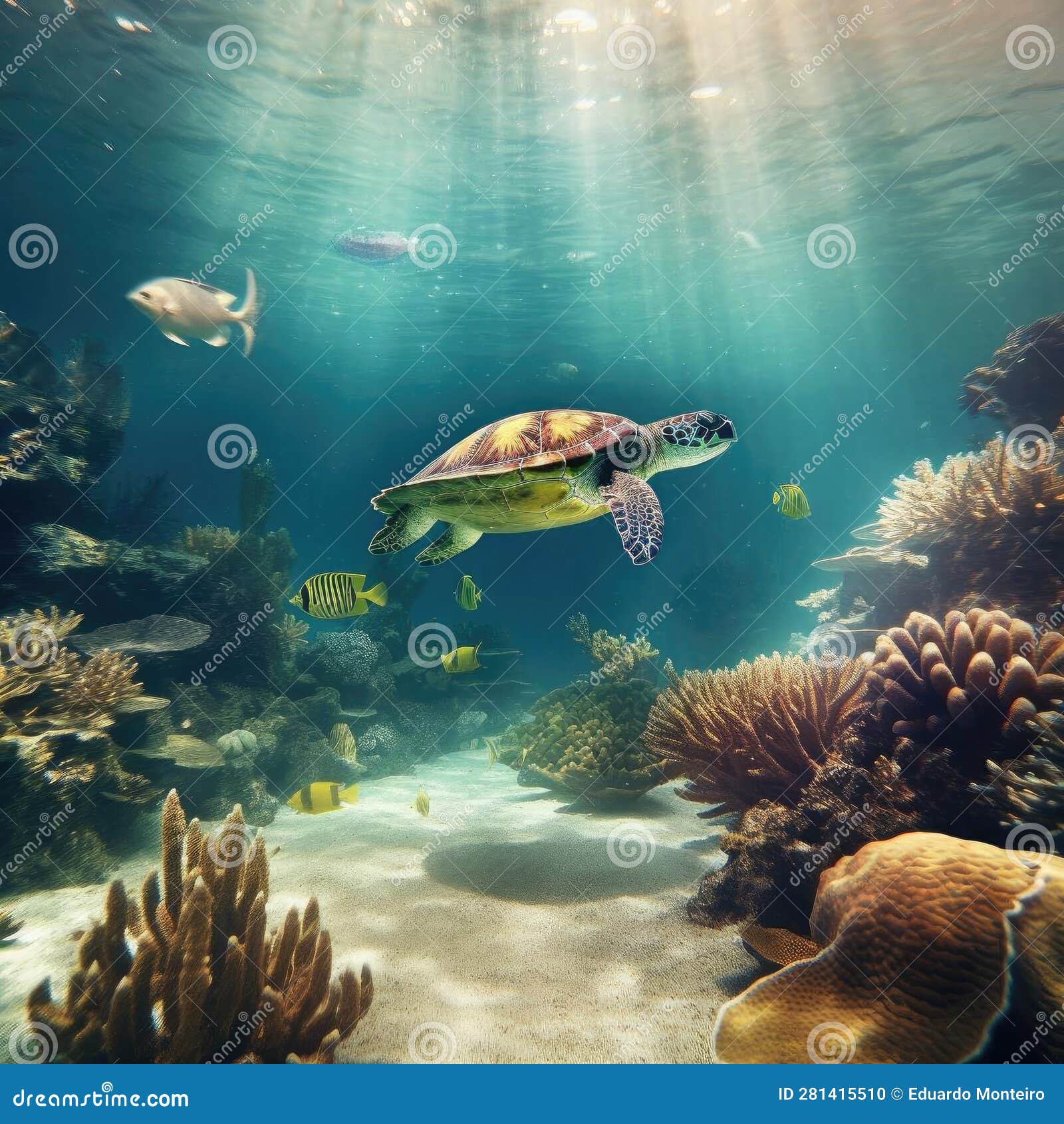 Green Sea Turtle Swimming Underwater With Corals Stock Illustration