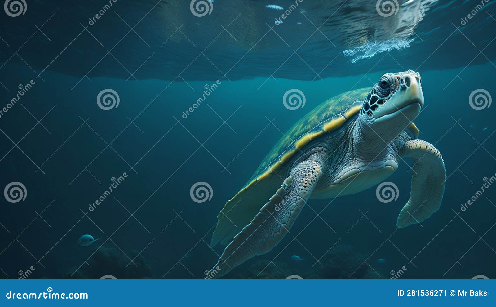 Green Sea Turtle Swimming Underwater In Deep Blue Ocean Stock