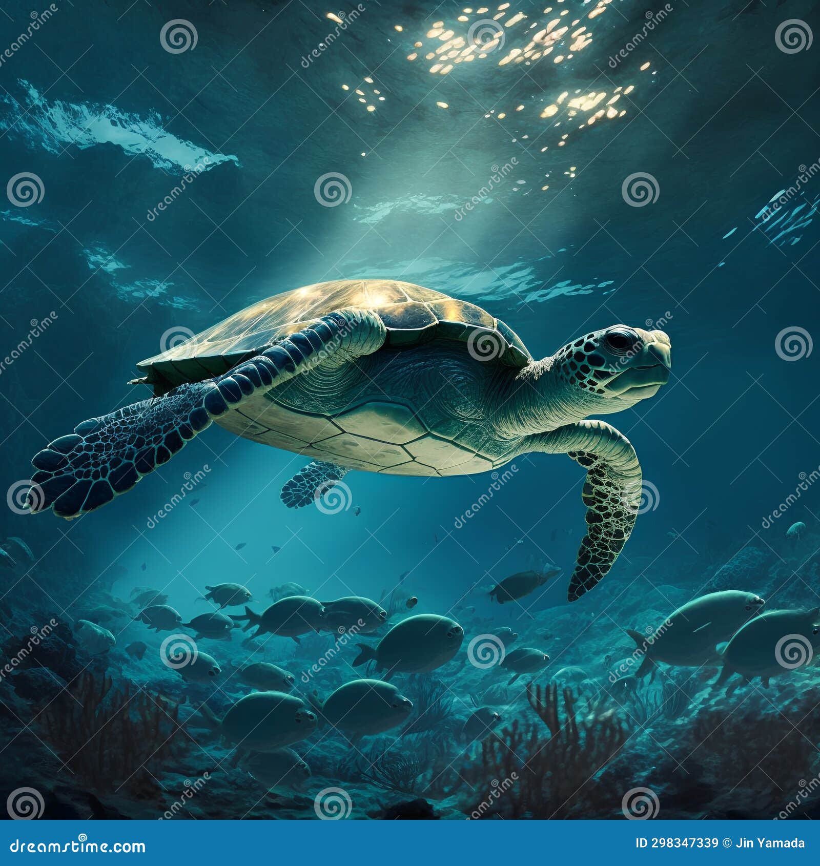 Green Sea Turtle Swimming Underwater In Deep Blue Ocean 3d Render