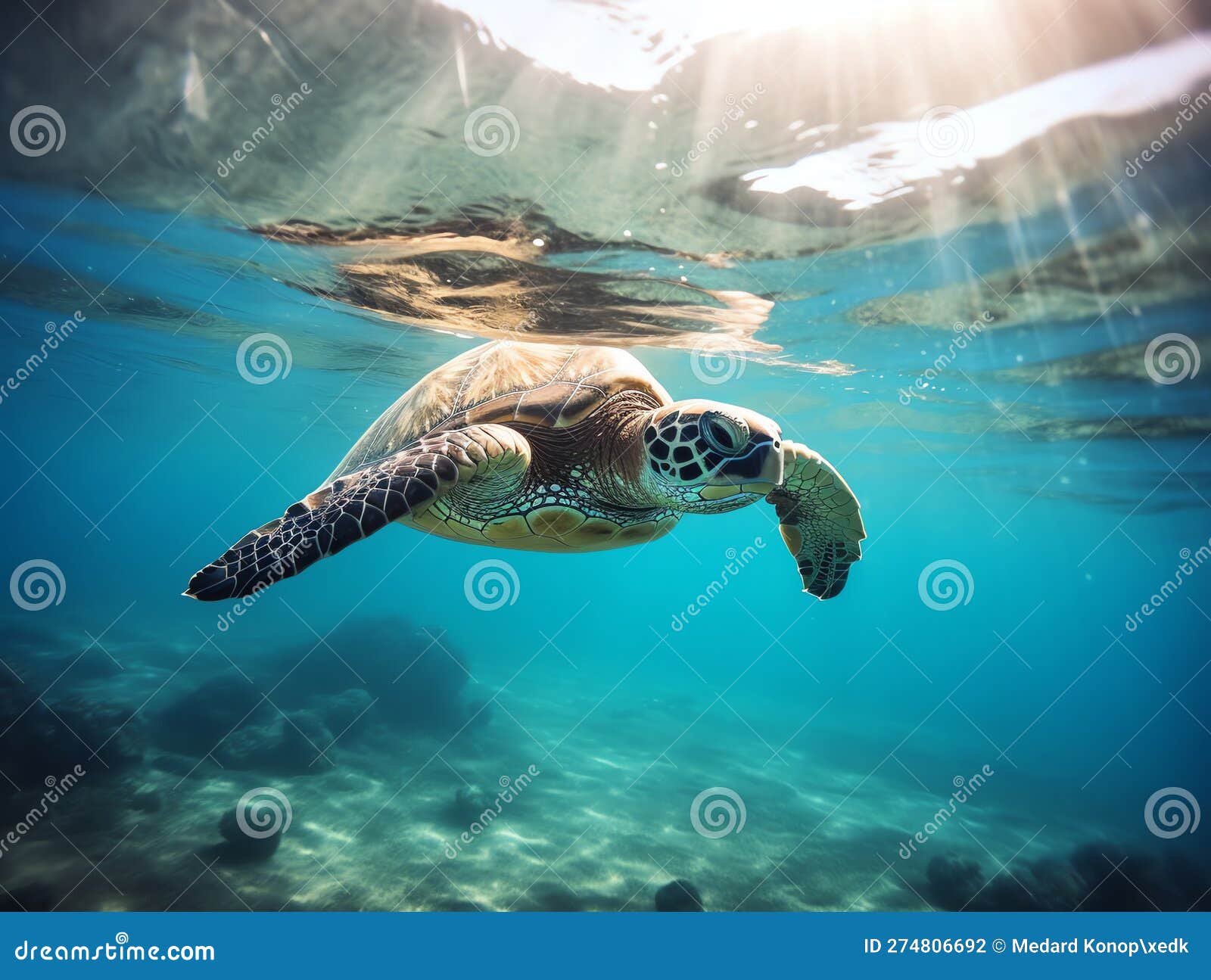 Green Sea Turtle Swimming Underwater In Deep Blue Ocean Made With