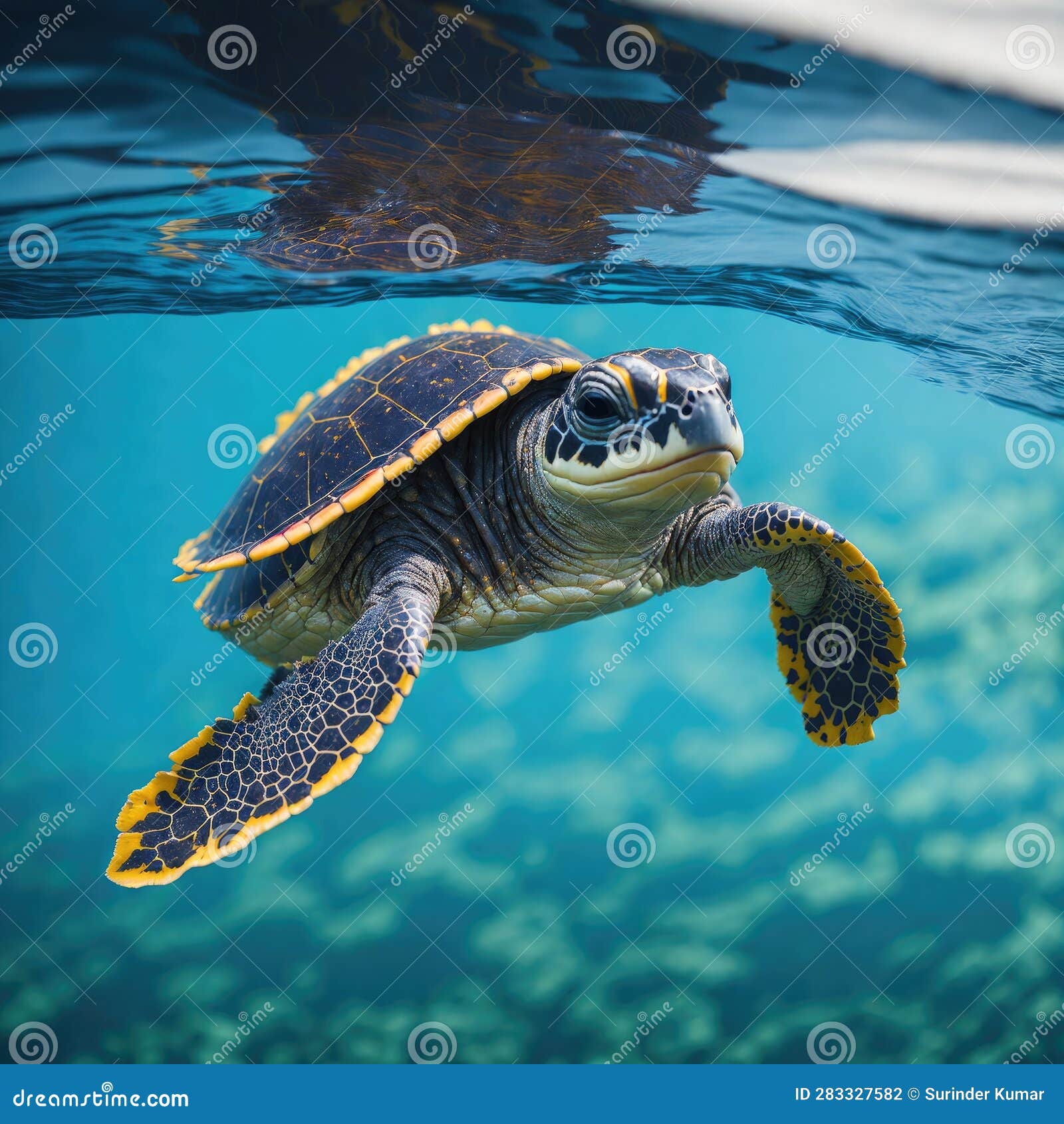 Green Sea Turtle Swimming Underwater In The Ocean 3d Illustration