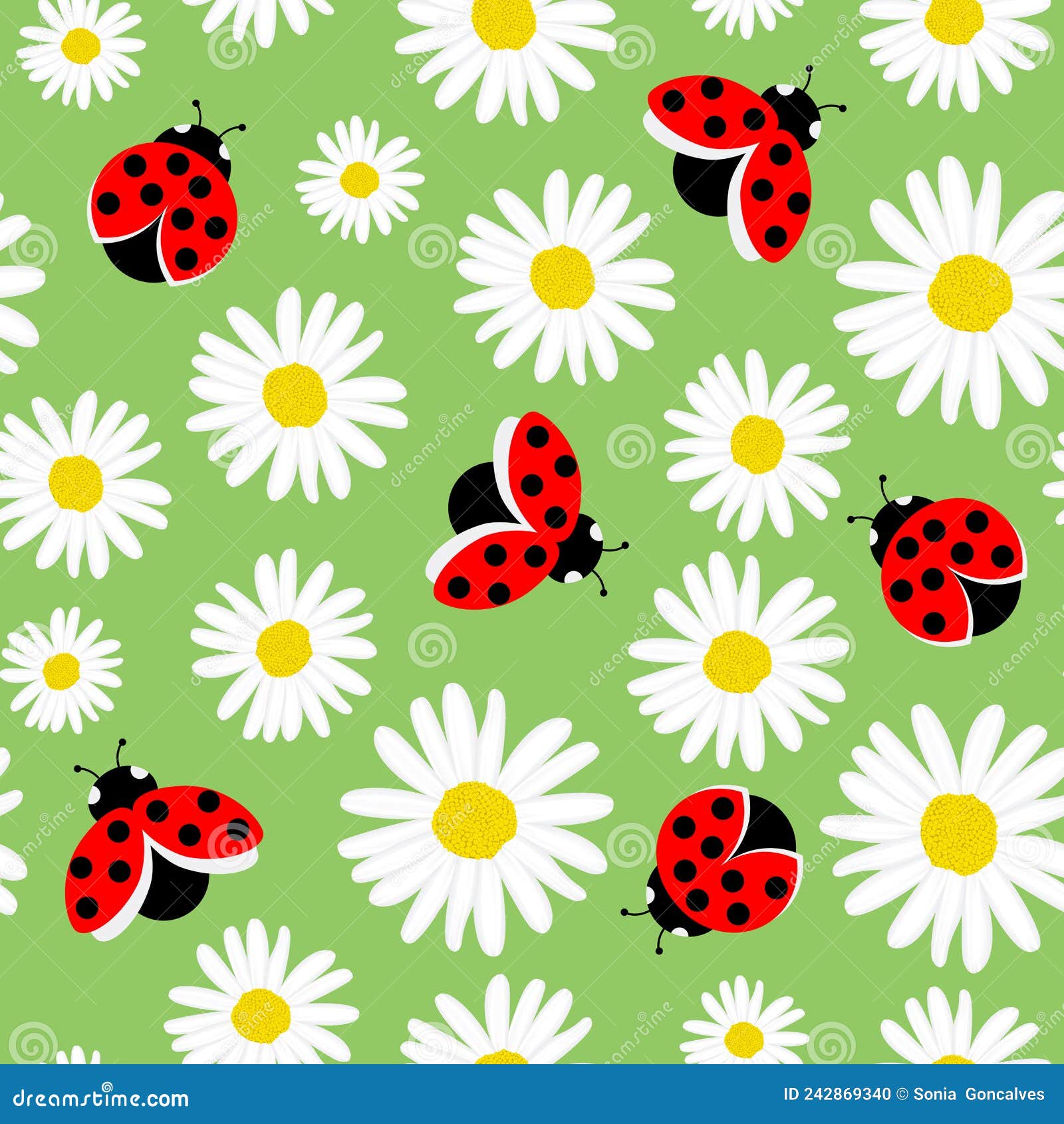 Green Seamless Pattern Background of Daisy Flowers with Ladybirds Stock ...