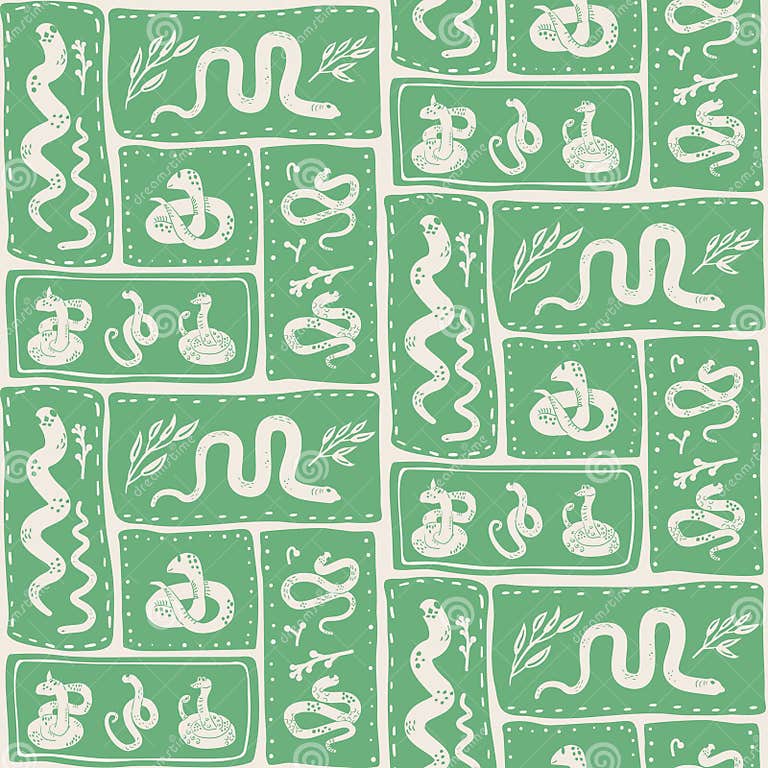 Green Seamless Pattern with Snakes and Leaves in Rectangular Segments ...
