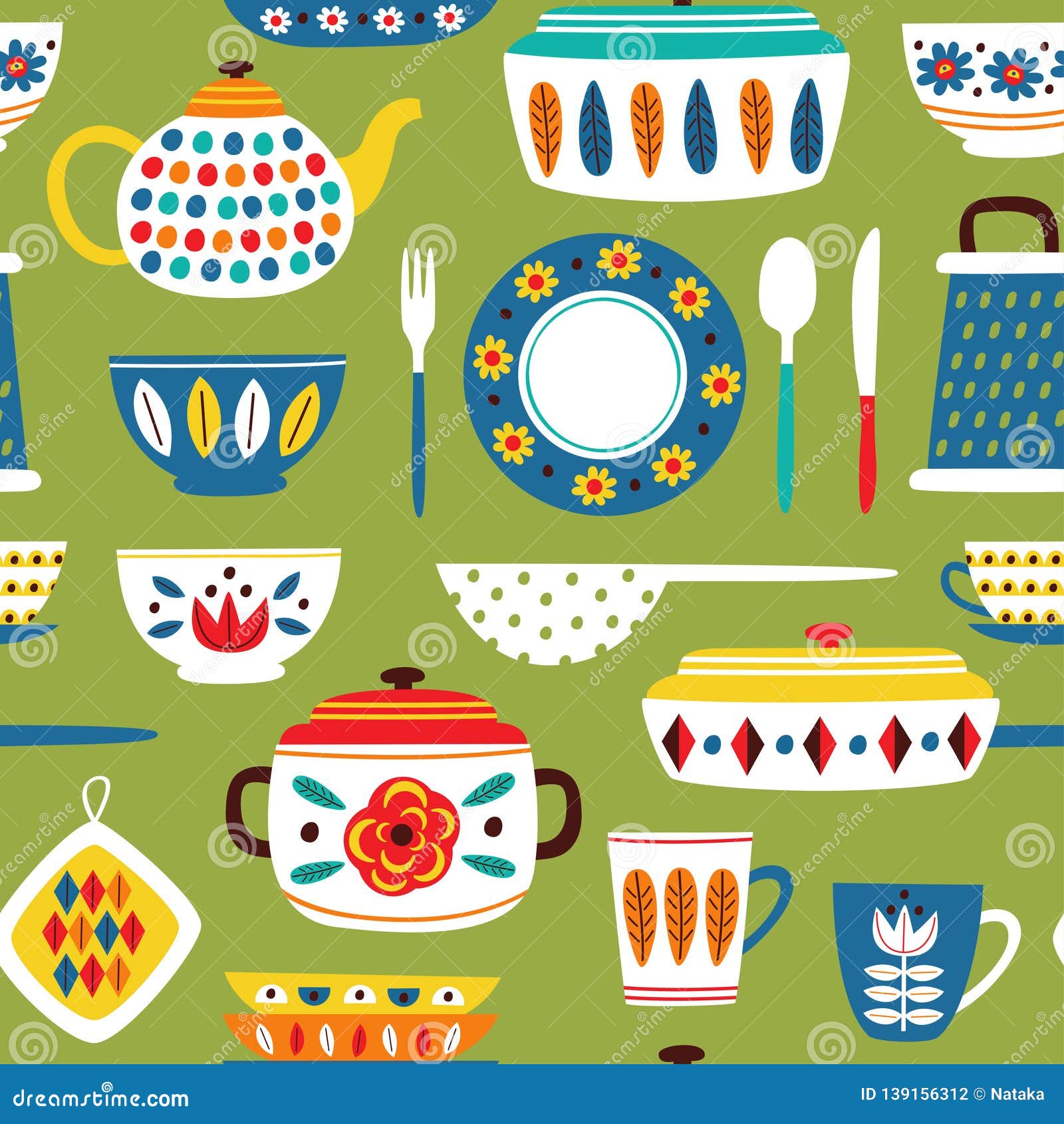 Green Seamless Pattern with Vintage Kitchen Stock Vector - Illustration ...