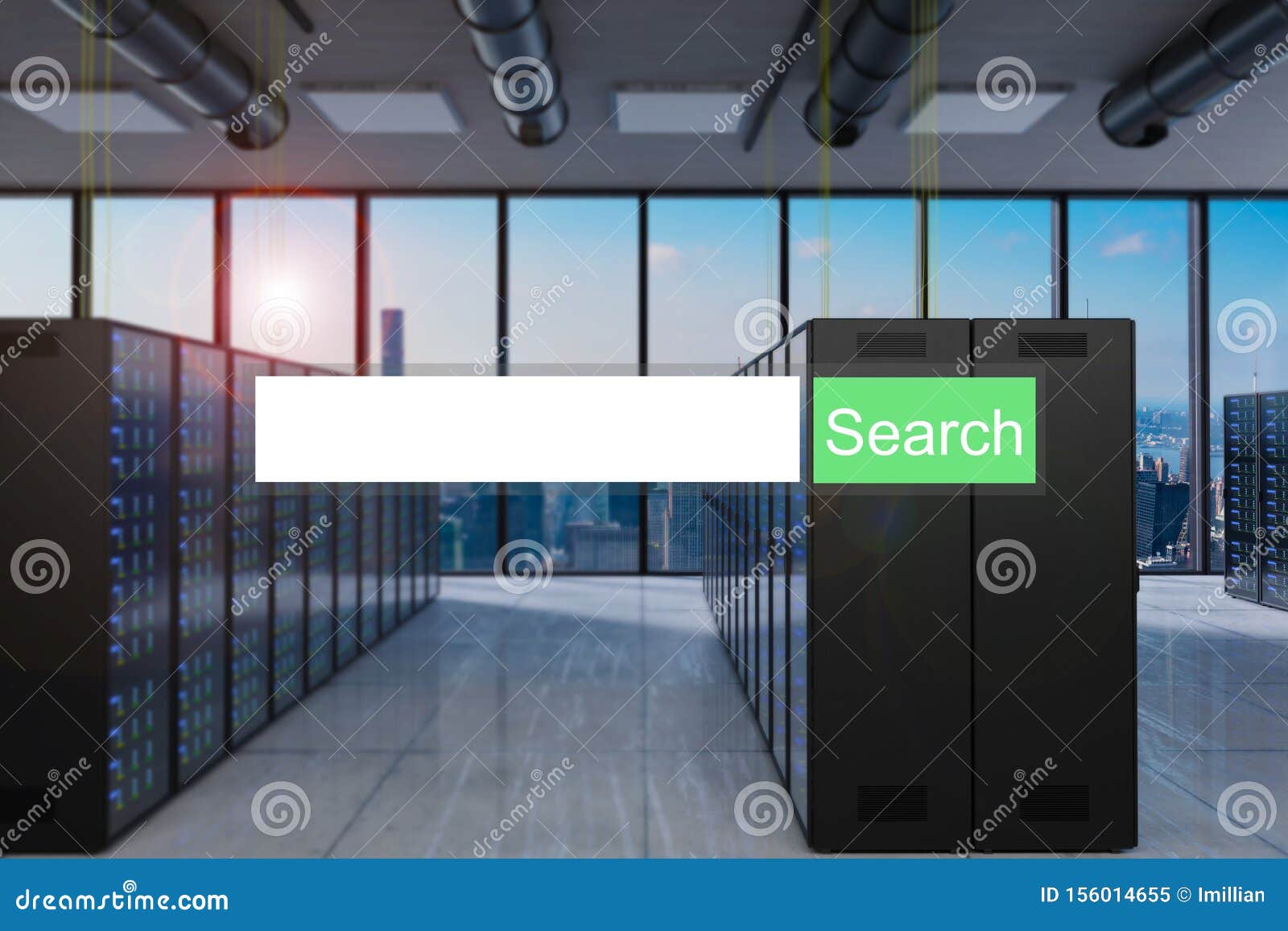 Green Search Bar Large Modern Server Room Skyline View, 3D Illustration ...