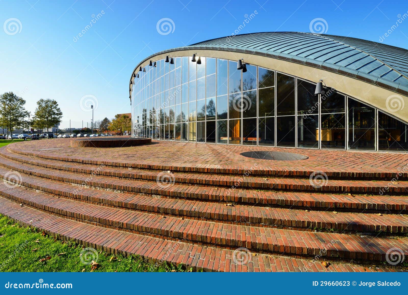 Green Shell Structure and Glass Windows on Brick Platform Stock Image ...