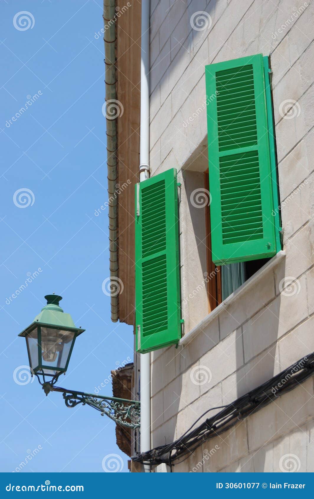 Green shutters stock image. Image of light, open, brick - 30601077