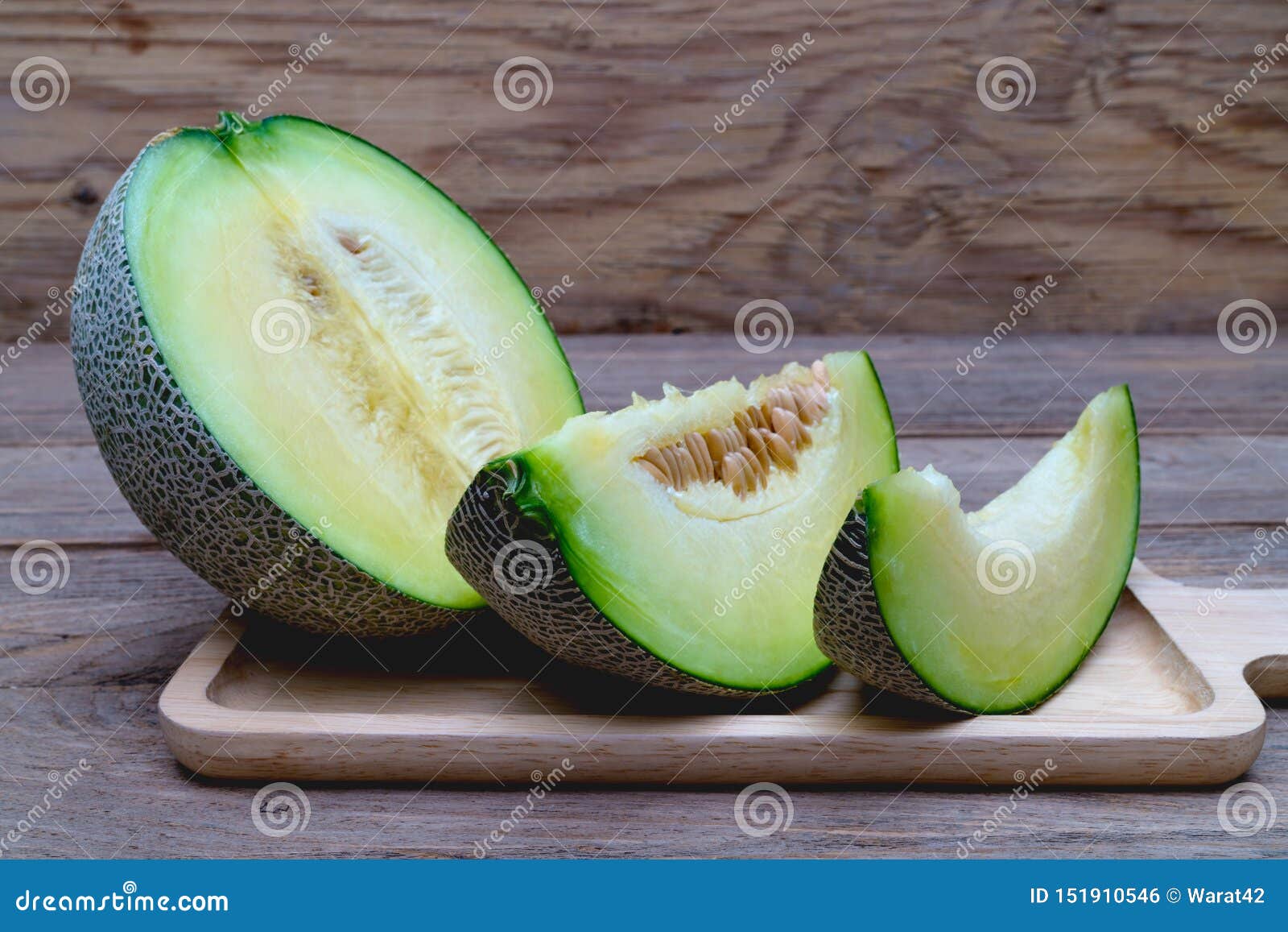 Green Sliced Melon on Wooden Tray Stock Photo - Image of honeydew ...
