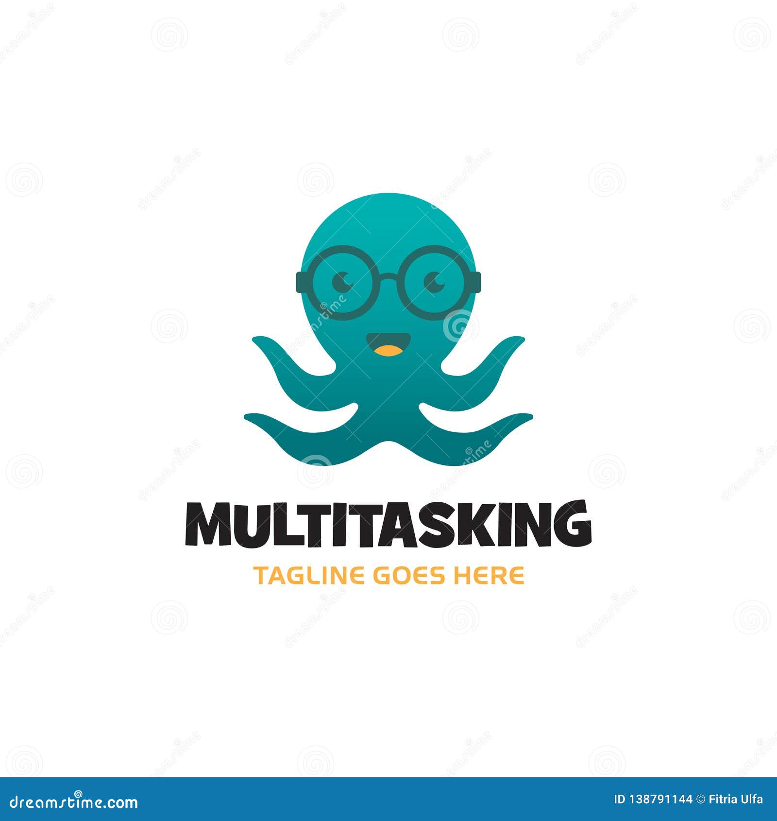 Green Smiling Octopus Logo with Glasses and Four Tentacles. Vector ...