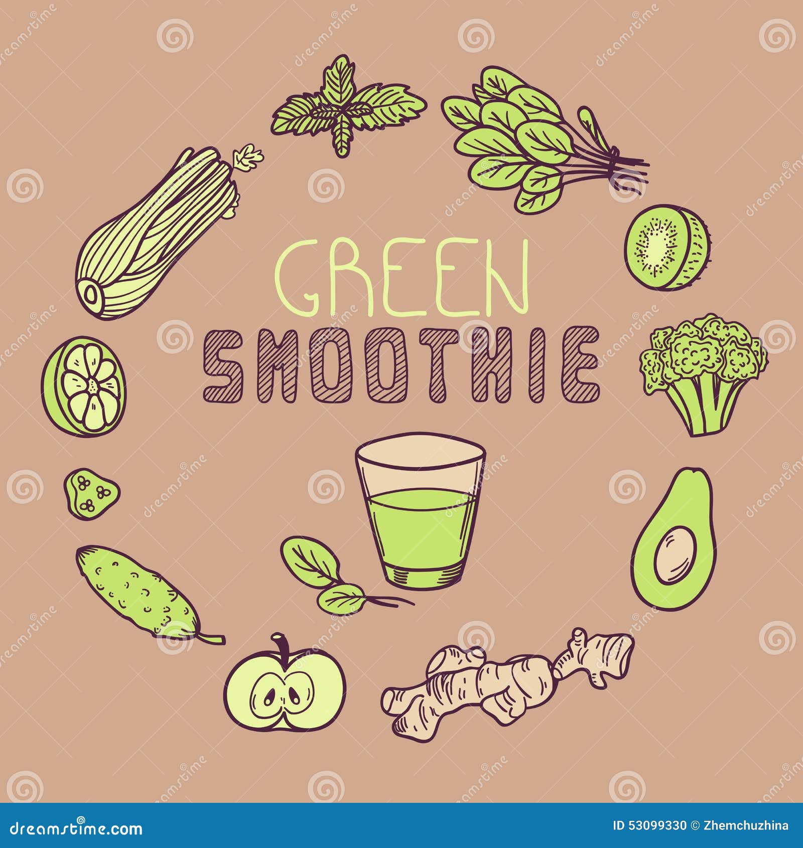 Green Smoothie Vector Illustration. Background with Vegetable Frame ...